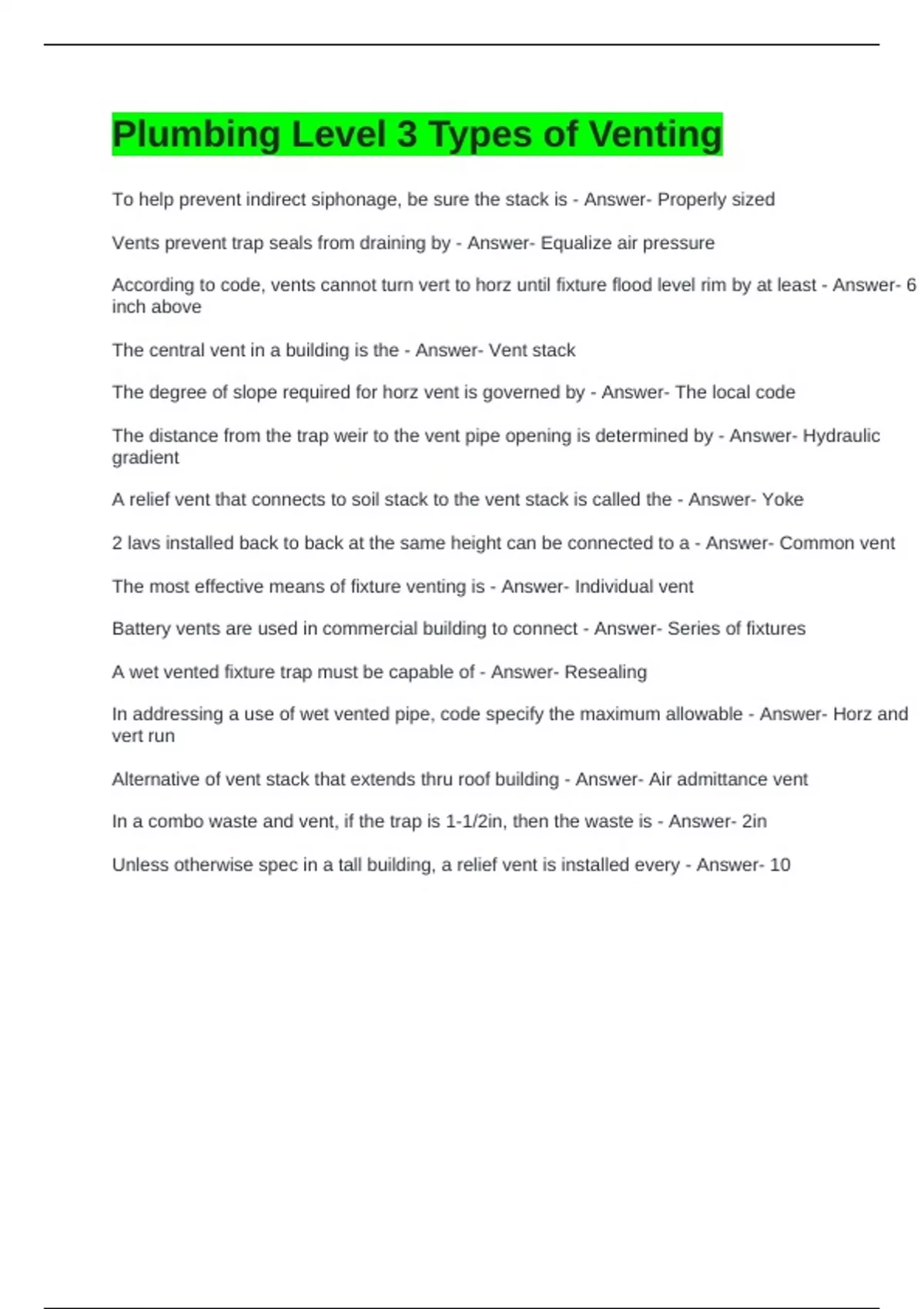 Plumbing Level 3 Types of Venting Exam Questions and Answers - Plumbing ...