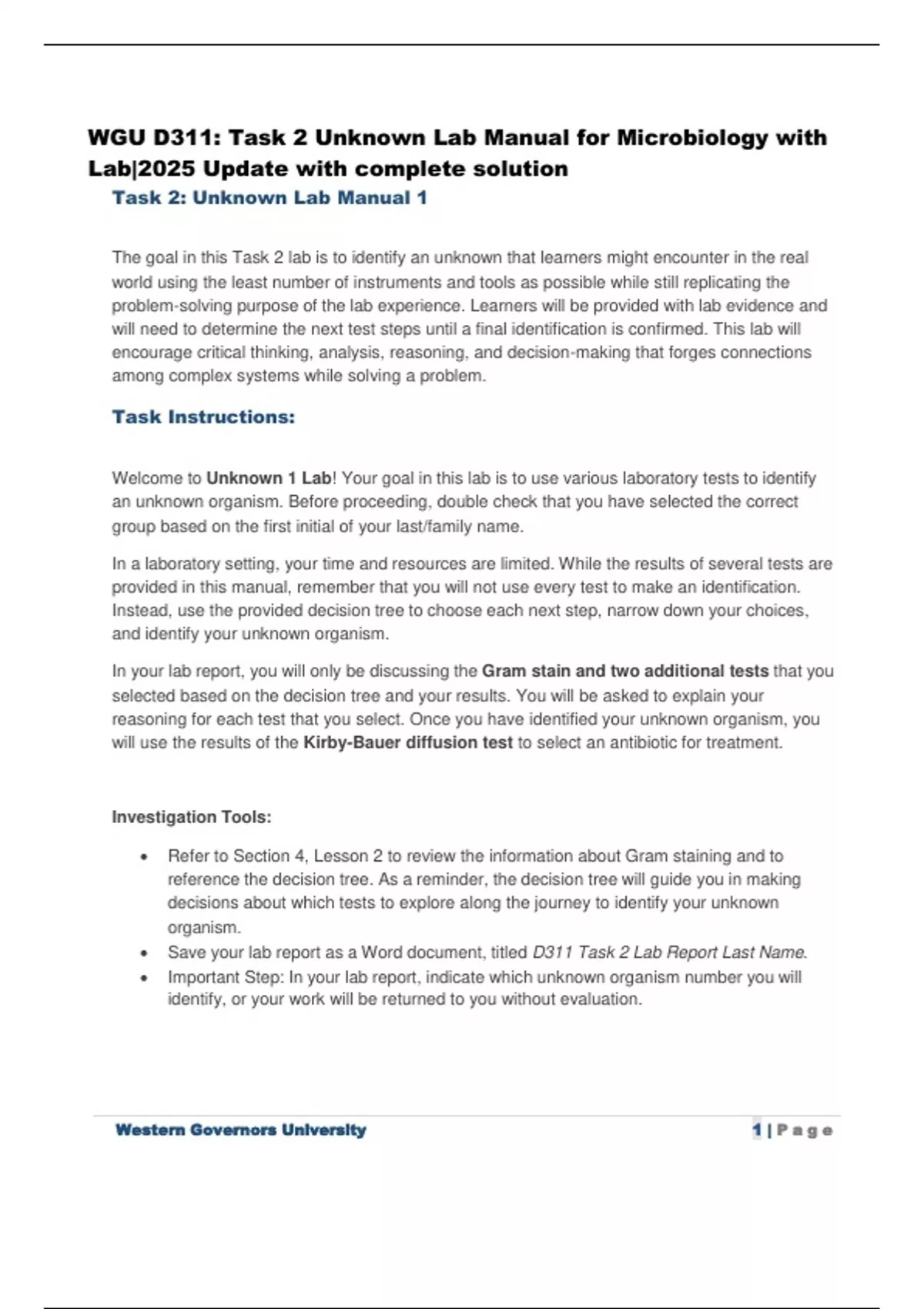 WGU D311: Task 2 Unknown Lab Manual for Microbiology with Lab|2025 ...