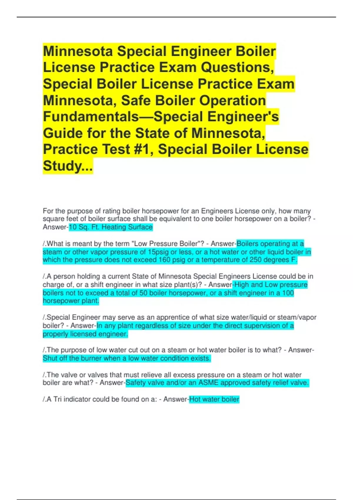 Minnesota Special Engineer Boiler License Practice Exam Questions, Special Boiler License ...