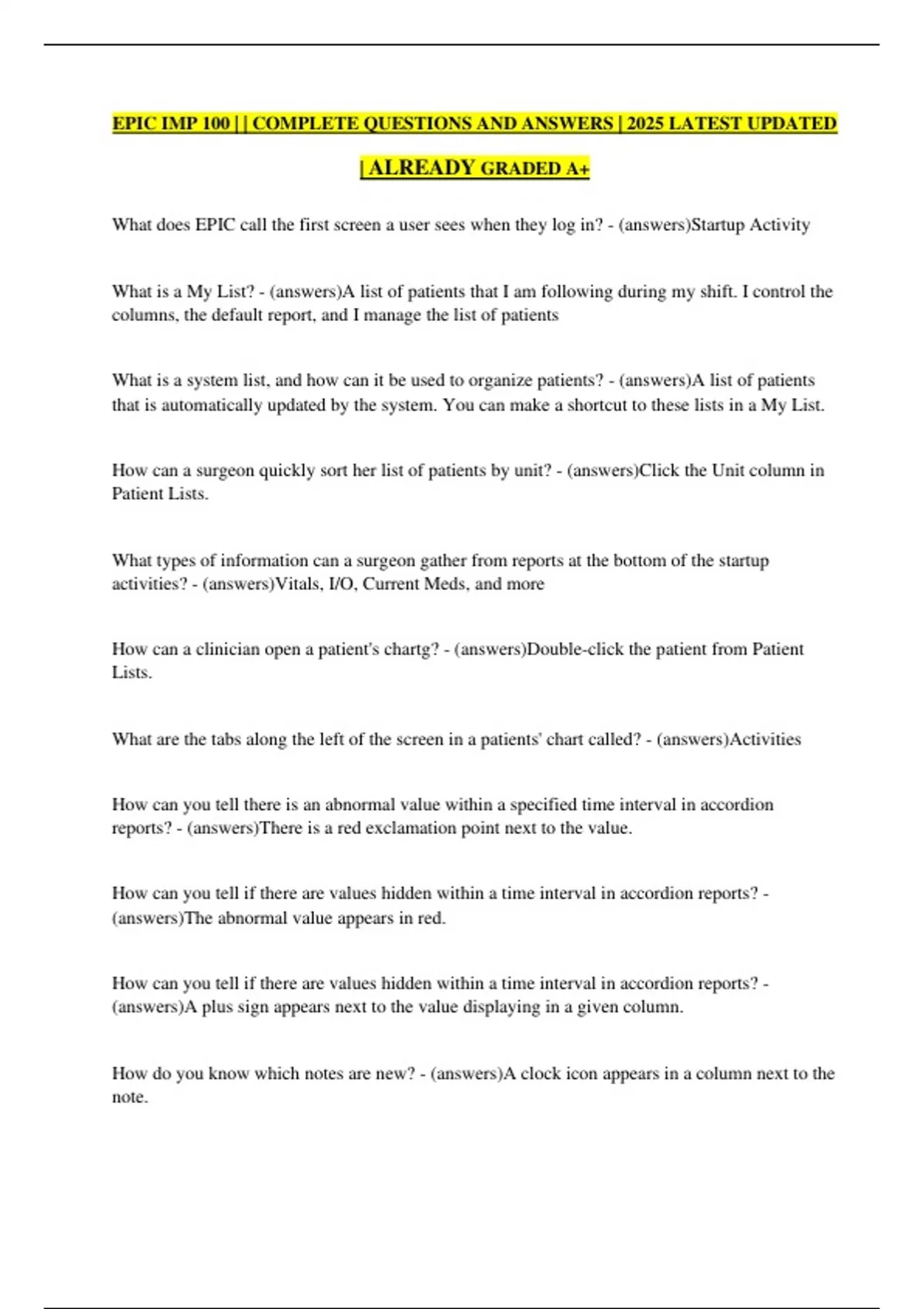 EPIC IMP 100 | | COMPLETE QUESTIONS AND ANSWERS | 2025 LATEST UPDATED ...