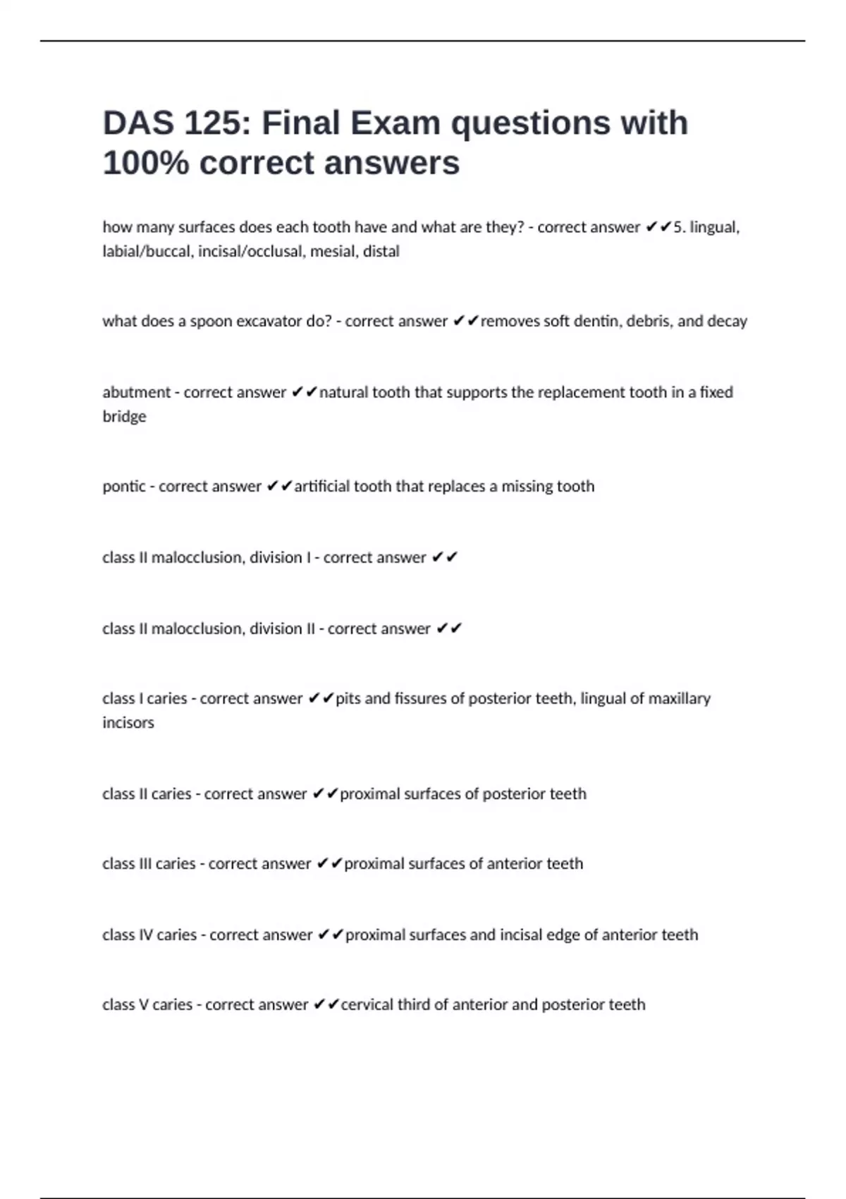DAS 125: Final Exam questions with 100% correct answers - DAS 125 - Stuvia US