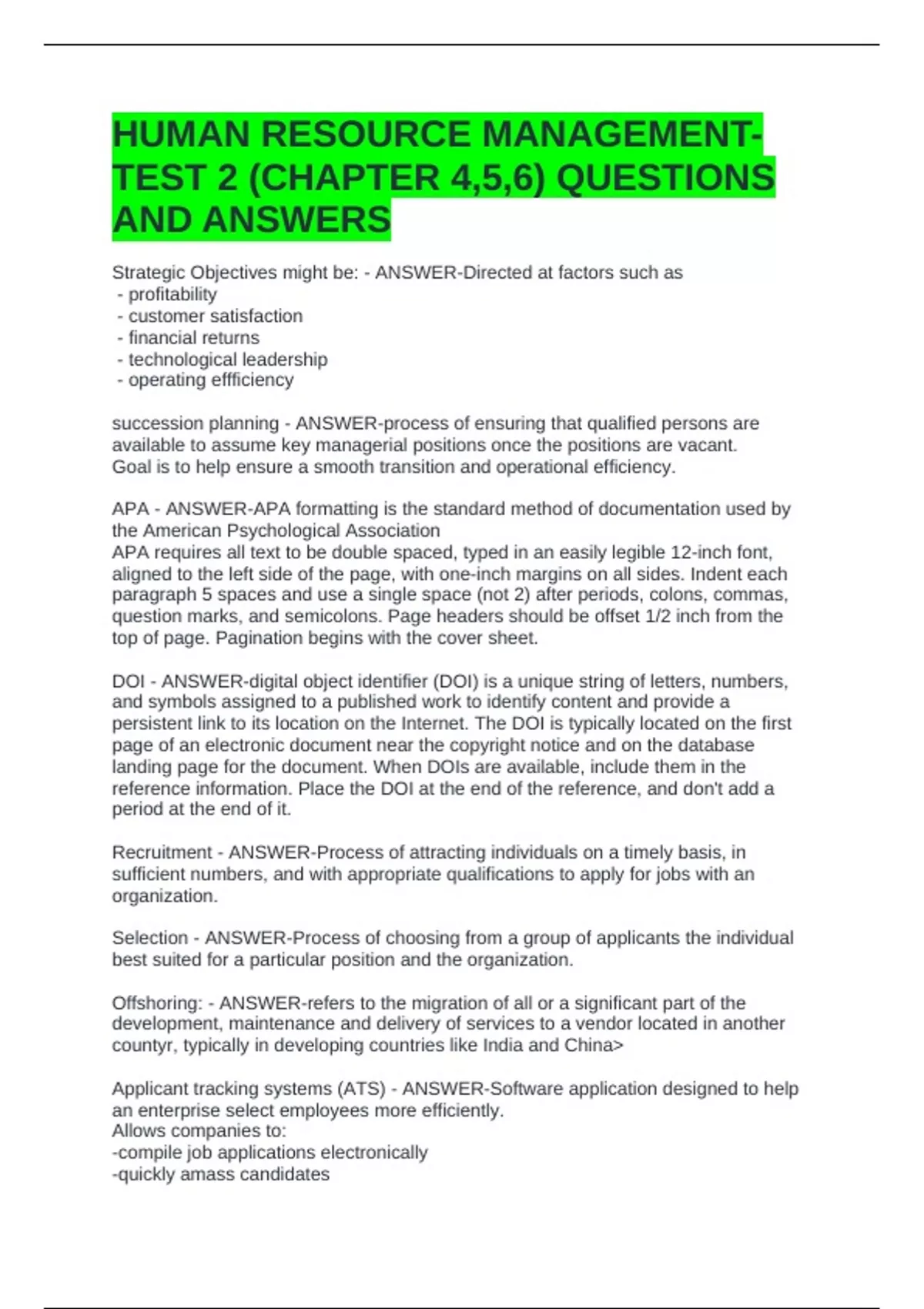 HUMAN RESOURCE MANAGEMENT- TEST 2 (CHAPTER 4,5,6) QUESTIONS AND ANSWERS ...