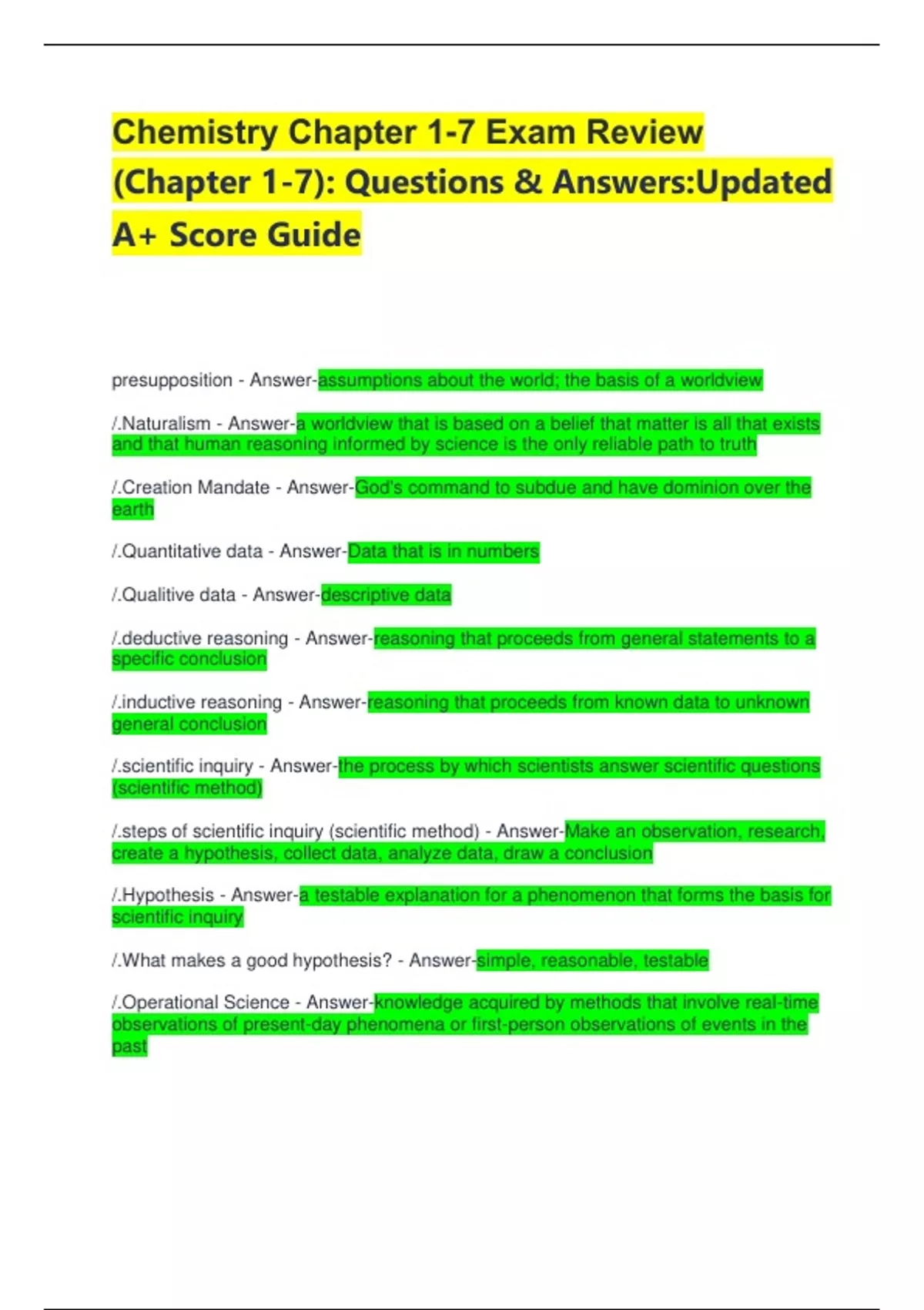 Chemistry Chapter 1-7 Exam Review (Chapter 1-7): Questions & Answers ...