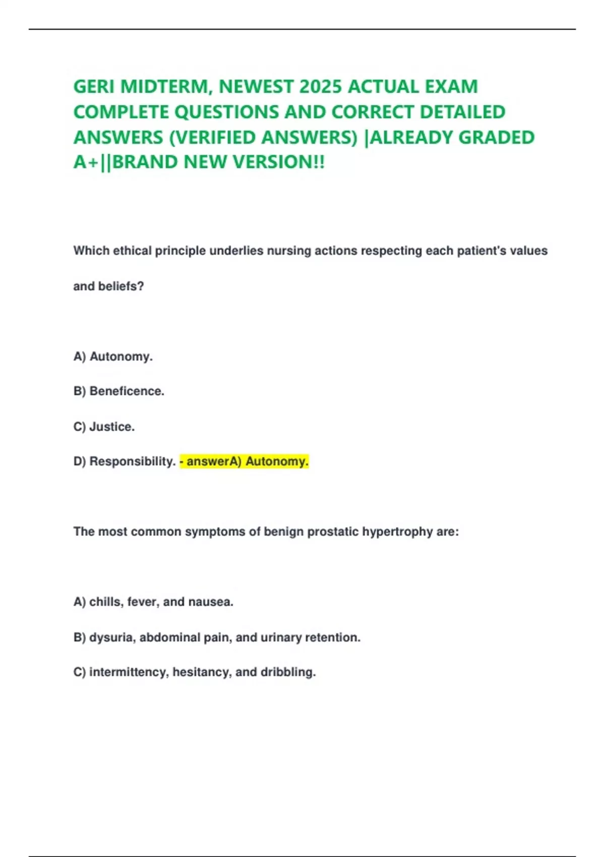 GERI MIDTERM, NEWEST 2025 ACTUAL EXAM COMPLETE QUESTIONS AND CORRECT DETAILED ANSWERS (VERIFIED ...