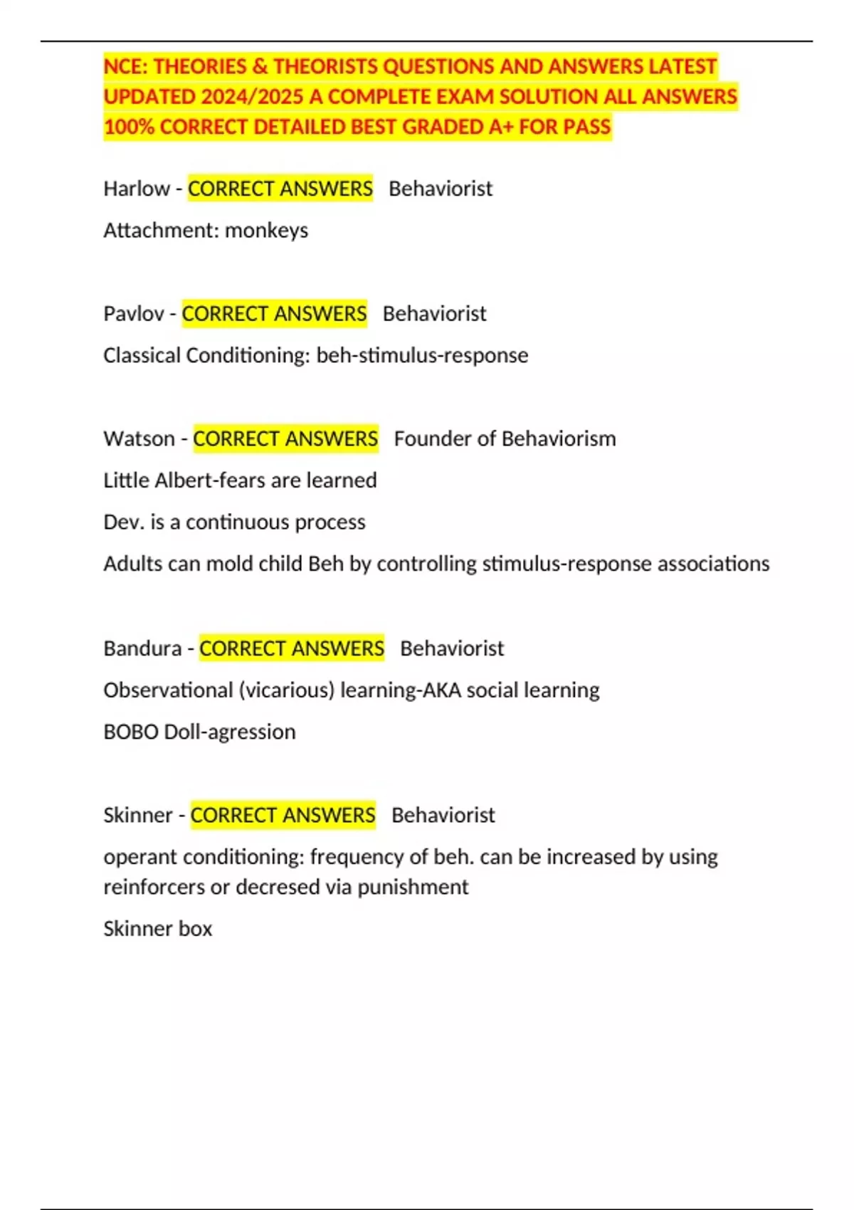 NCE: THEORIES & THEORISTS QUESTIONS AND ANSWERS LATEST UPDATED 2024/ ...