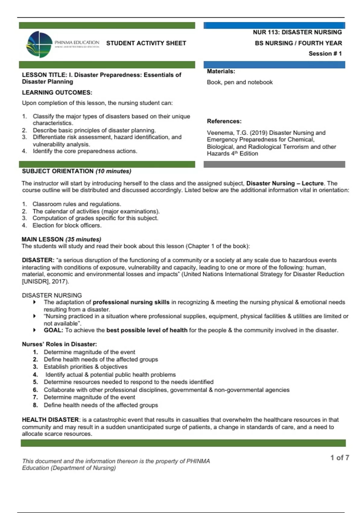 NUR 113: DISASTER NURSING STUDENT ACTIVITY SHEET|2025 UPDATE WITH ...