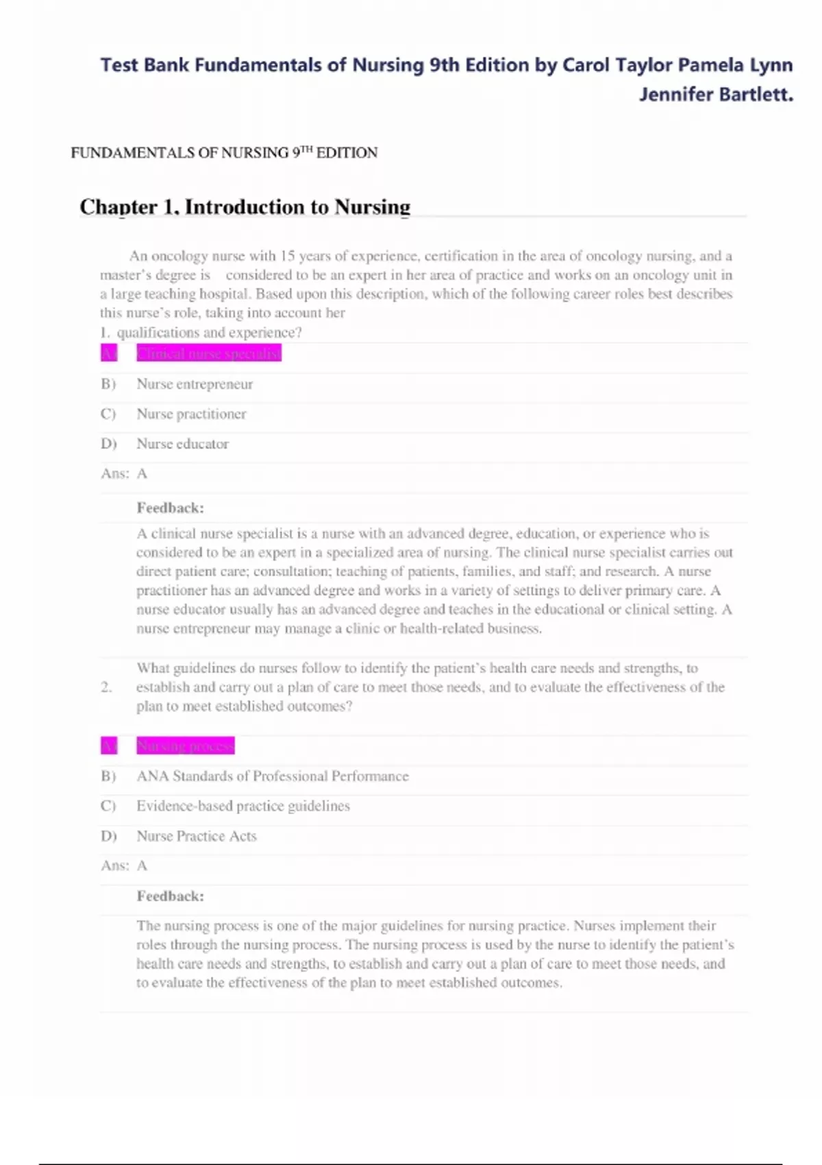 Test Bank for Fundamentals of Nursing: The Art and Science of Person ...