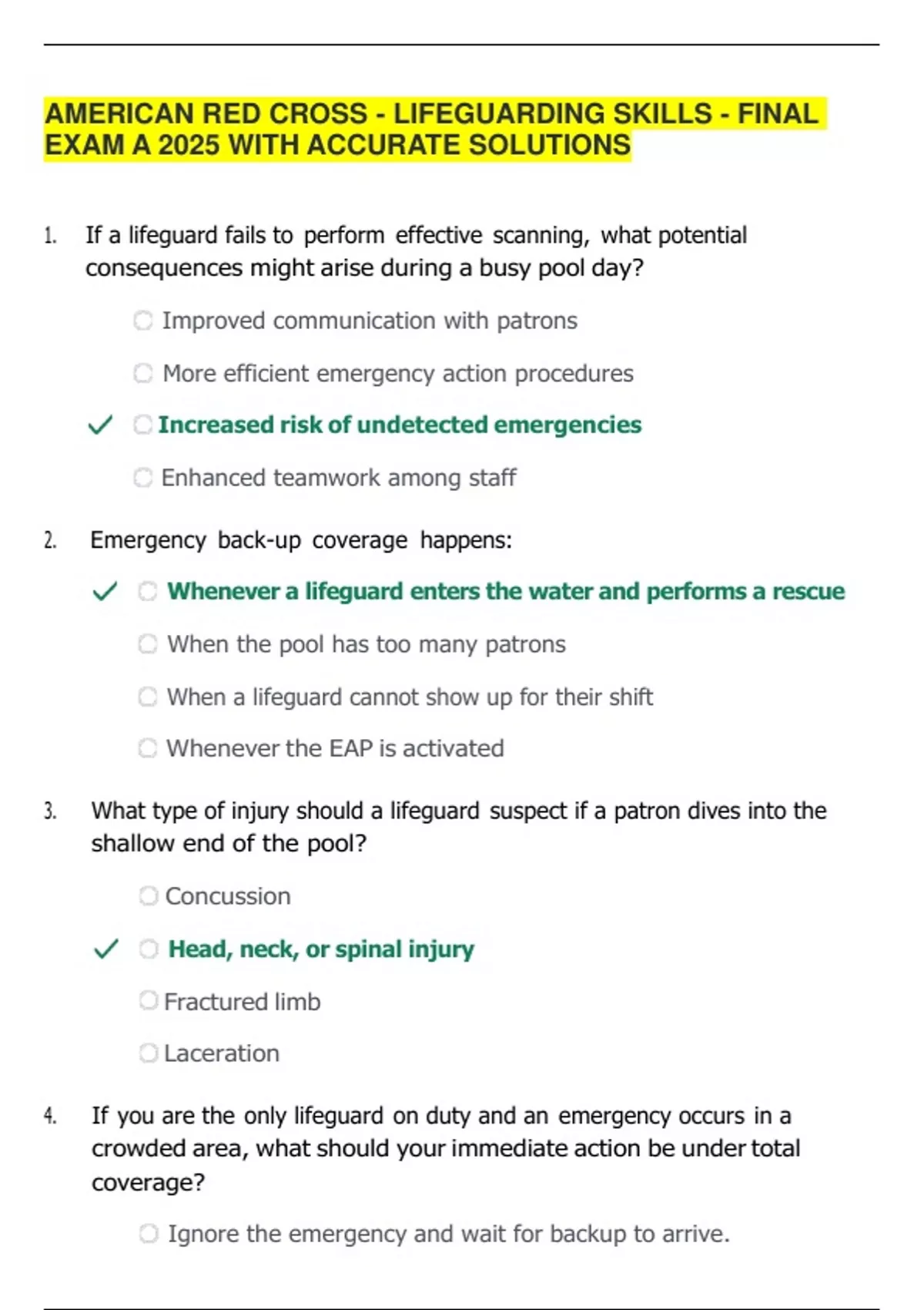 AMERICAN RED CROSS - LIFEGUARDING SKILLS - FINAL EXAM A 2025 WITH ...
