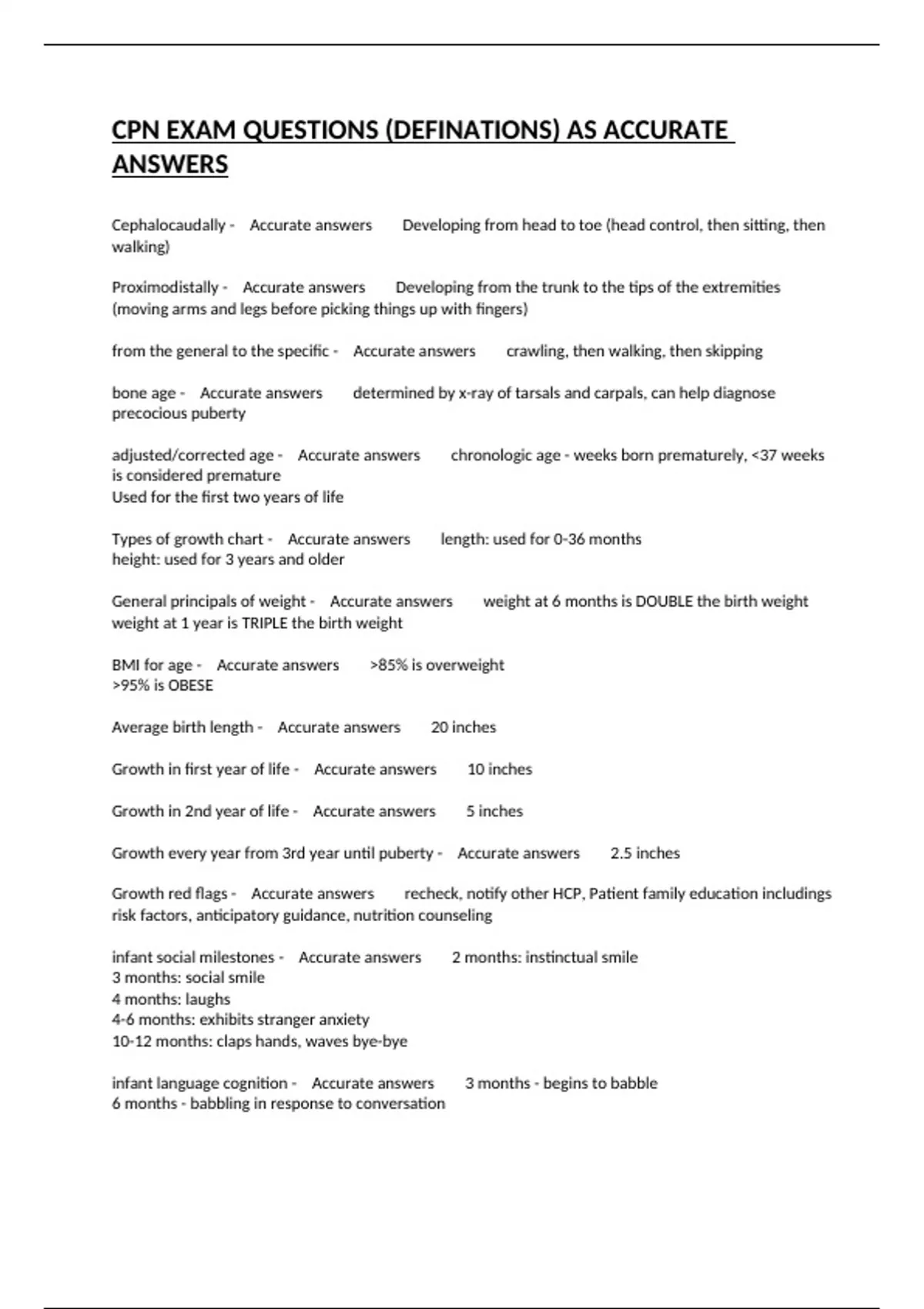 CPN EXAM QUESTIONS (DEFINATIONS) AS ACCURATE ANSWERS - CPN - Stuvia US