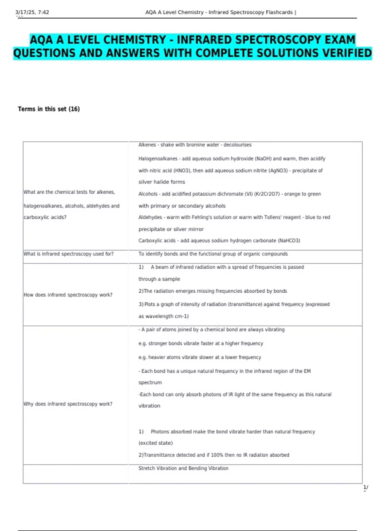 AQA A LEVEL CHEMISTRY - INFRARED SPECTROSCOPY EXAM QUESTIONS AND ...