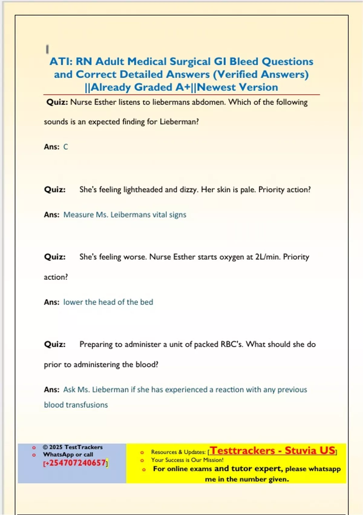 ATI: RN Adult Medical Surgical GI Bleed Questions and Correct Detailed ...