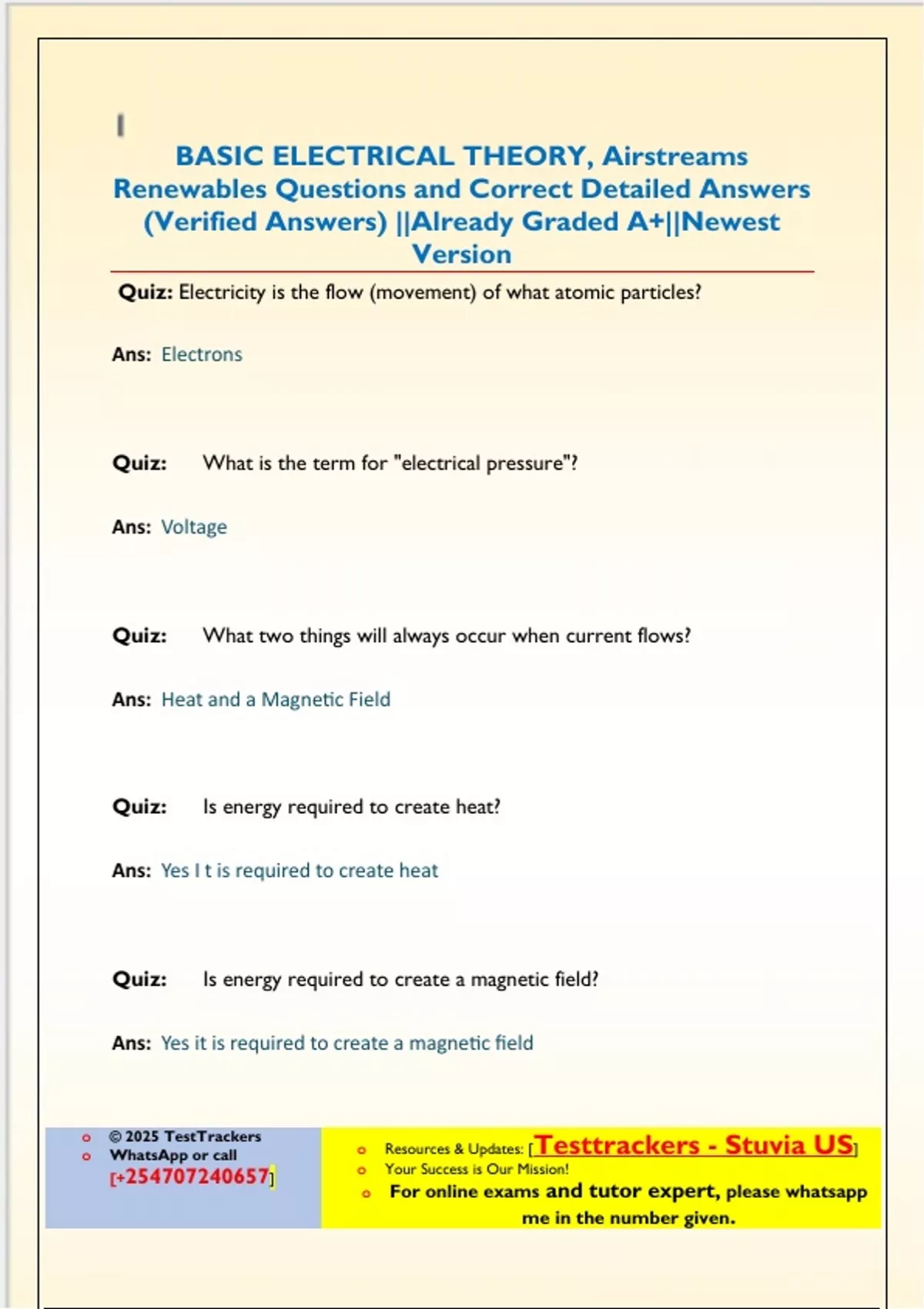 BASIC ELECTRICAL THEORY, Airstreams Renewables Questions and Correct Detailed Answers (Verified ...