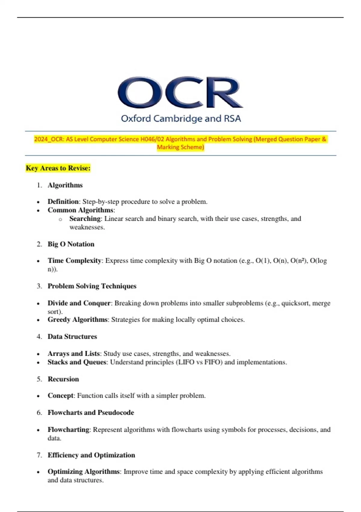 2024ocr As Level Computer Science H04602 Algorithms And Problem Solving Merged Question