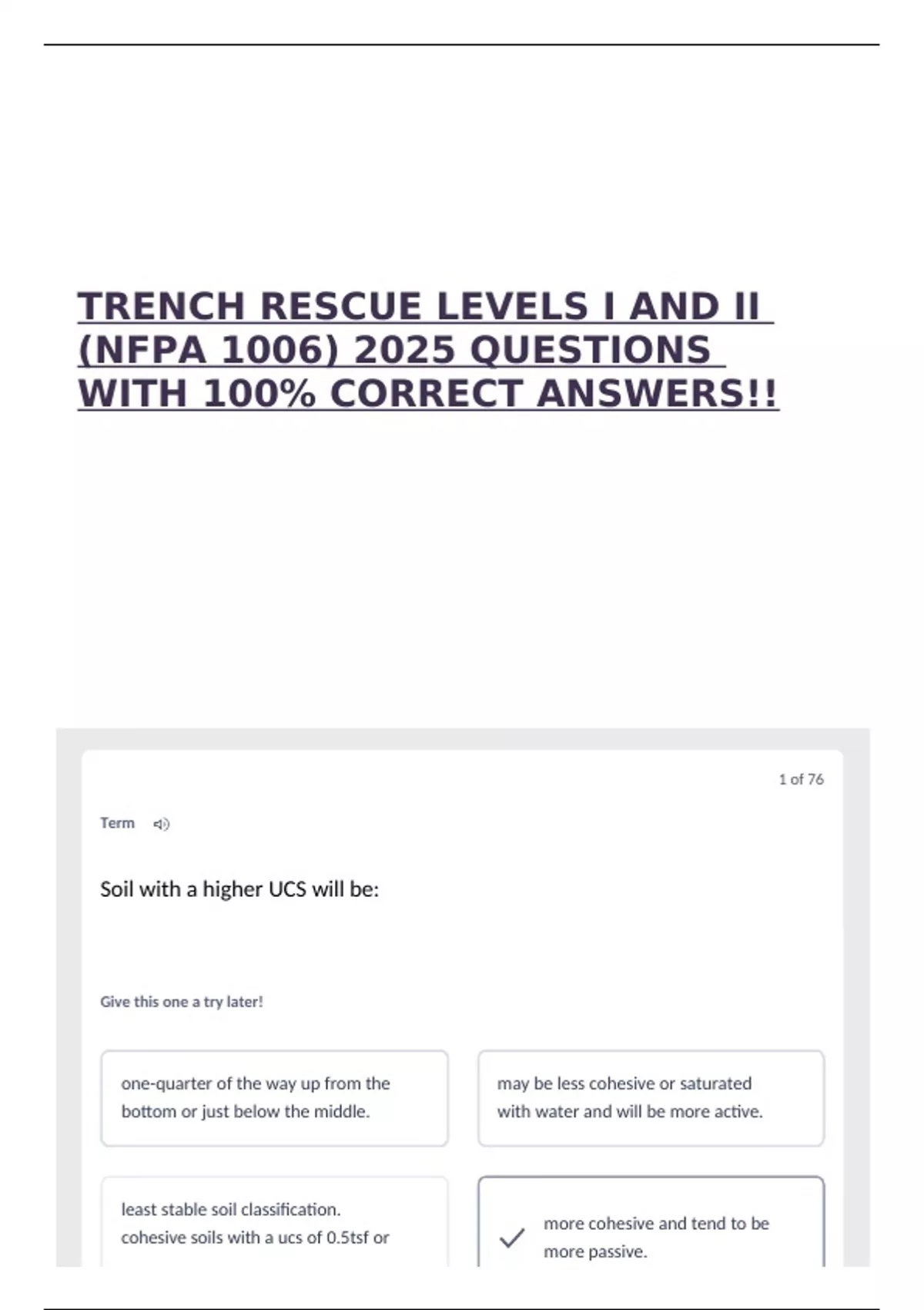 TRENCH RESCUE LEVELS I AND II (NFPA 1006) 2025 QUESTIONS WITH 100% CORRECT ANSWERS!! - NFPA 1006 ...