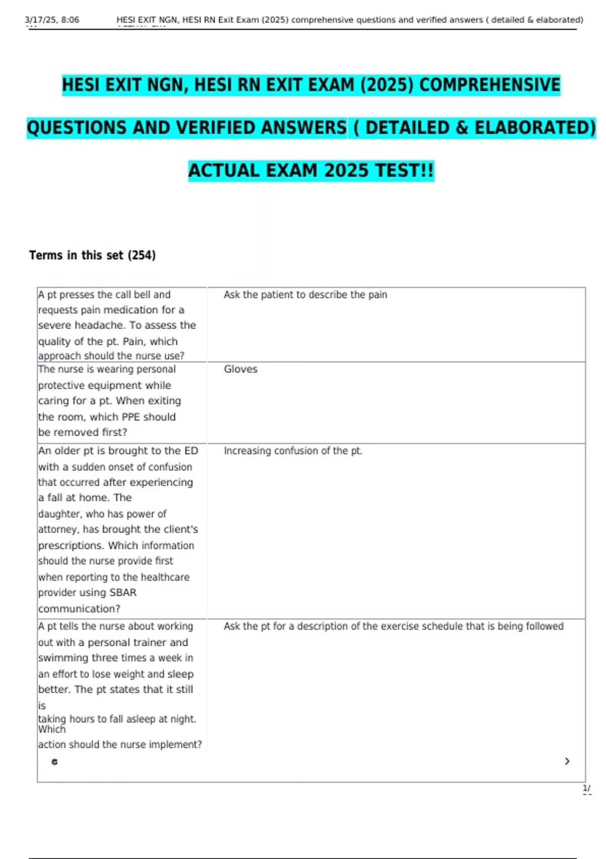 HESI Exit NGN & HESI RN Exit Exam — Actual 2025 Comprehensive Questions (254 Items) With ...
