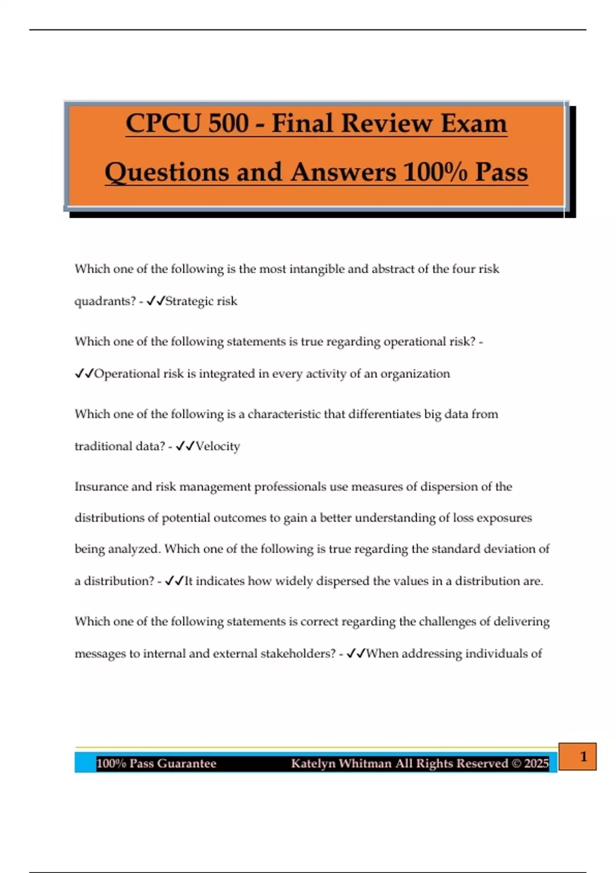 CPCU 500 - Final Review Exam Questions and Answers 100% Pass - CPCU 500 - Stuvia US
