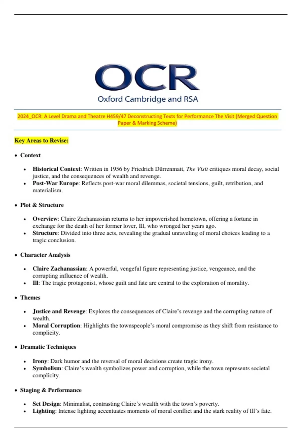 2024_OCR: A Level Drama and Theatre H459/47 Deconstructing Texts for Performance The Visit ...