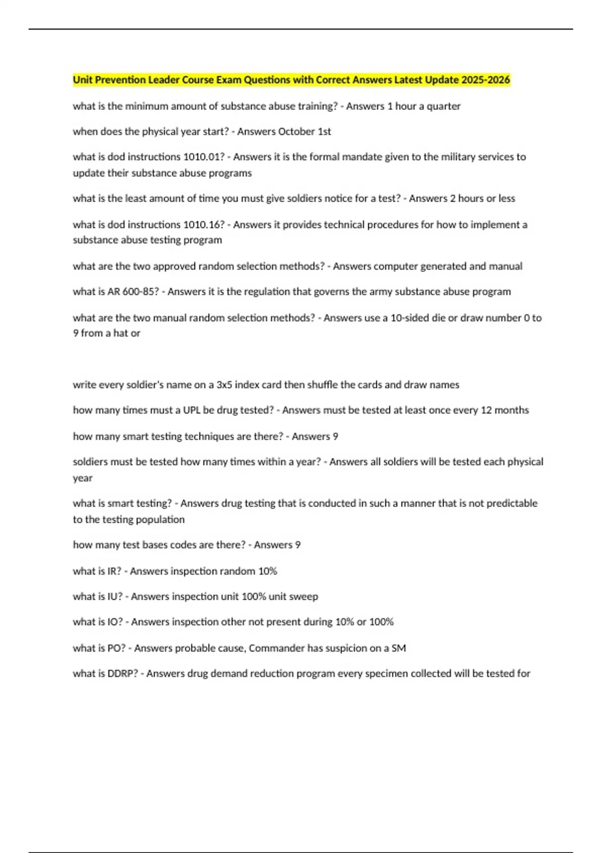 Unit Prevention Leader Course Exam Questions with Correct Answers ...
