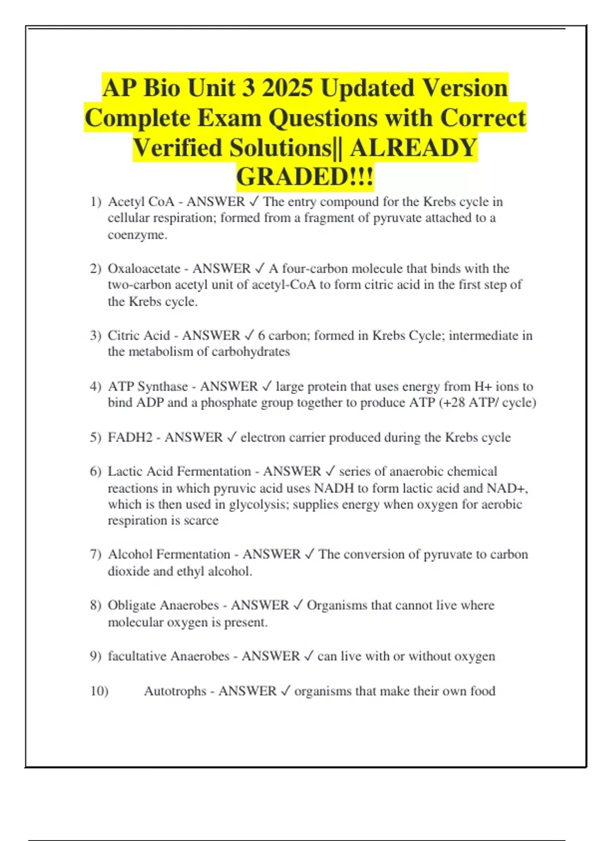 AP Bio Unit 3 2025 Updated Version Complete Exam Questions with Correct ...