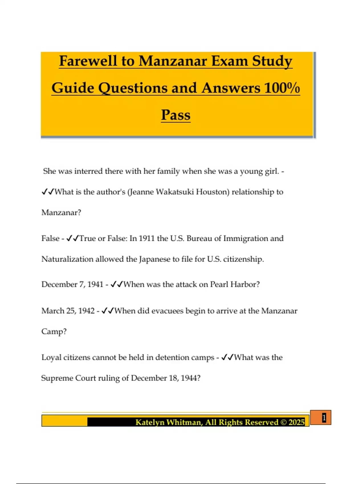 Farewell to Manzanar Exam Study Guide Questions and Answers 100% Pass ...