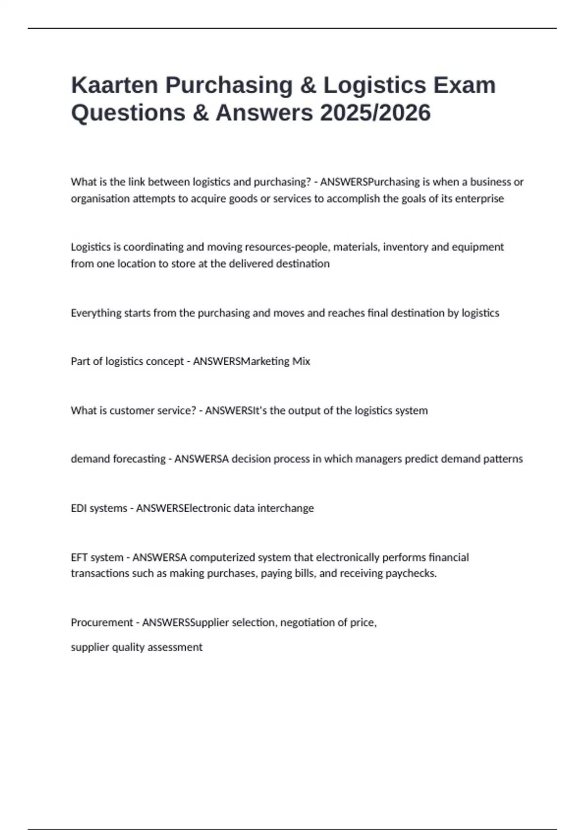 Kaarten Purchasing & Logistics Exam Questions & Answers 2025/2026 ...