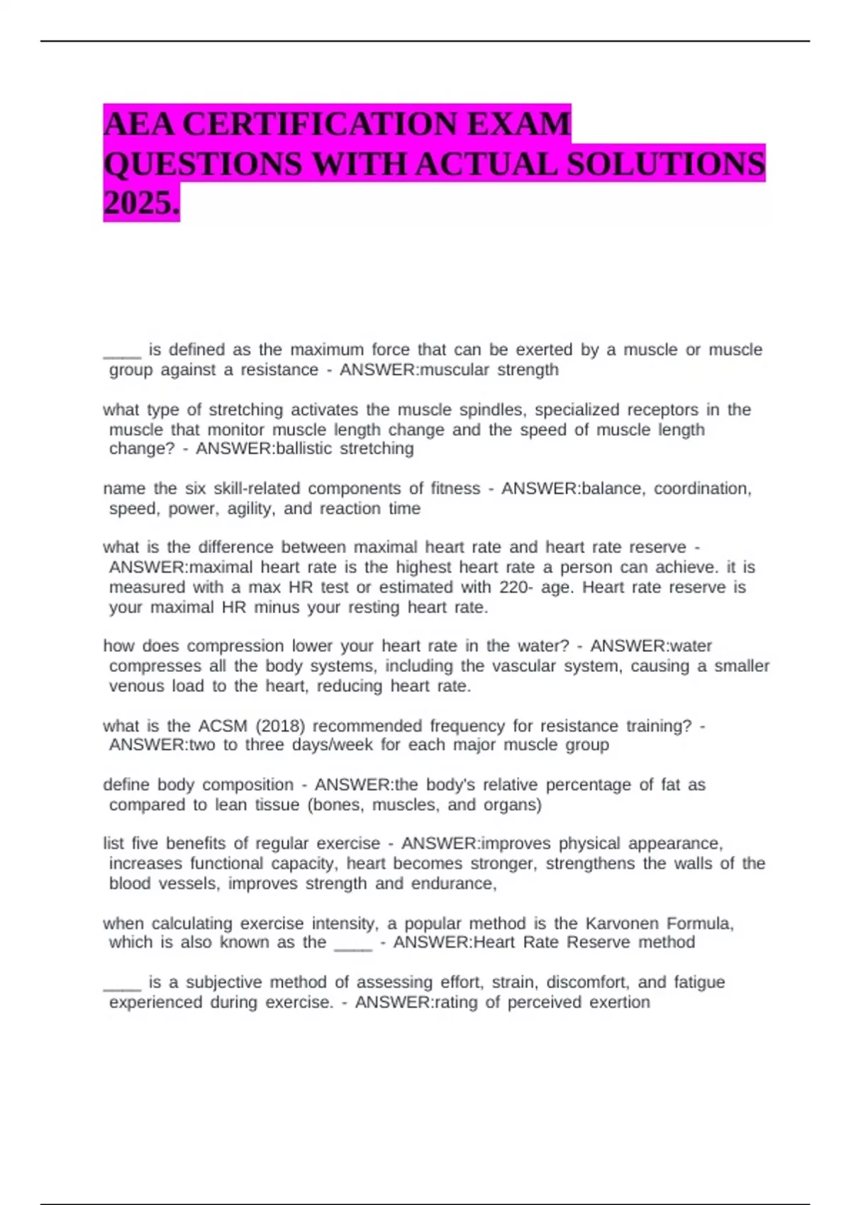 AEA CERTIFICATION EXAM QUESTIONS WITH ACTUAL SOLUTIONS 2025 - Aquatic ...