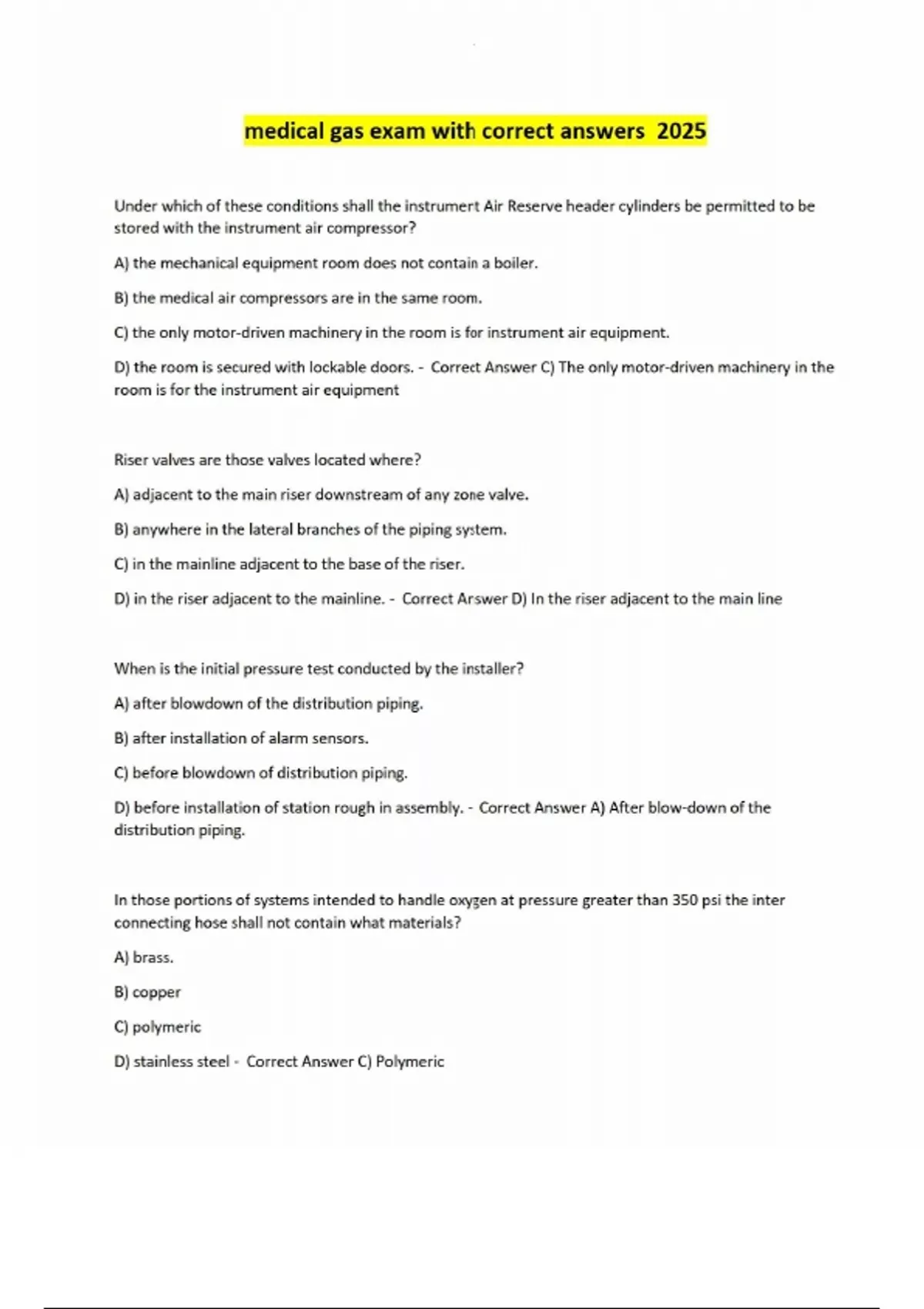 medical gas exam with correct answers 2025 - Medical Gas - Stuvia US