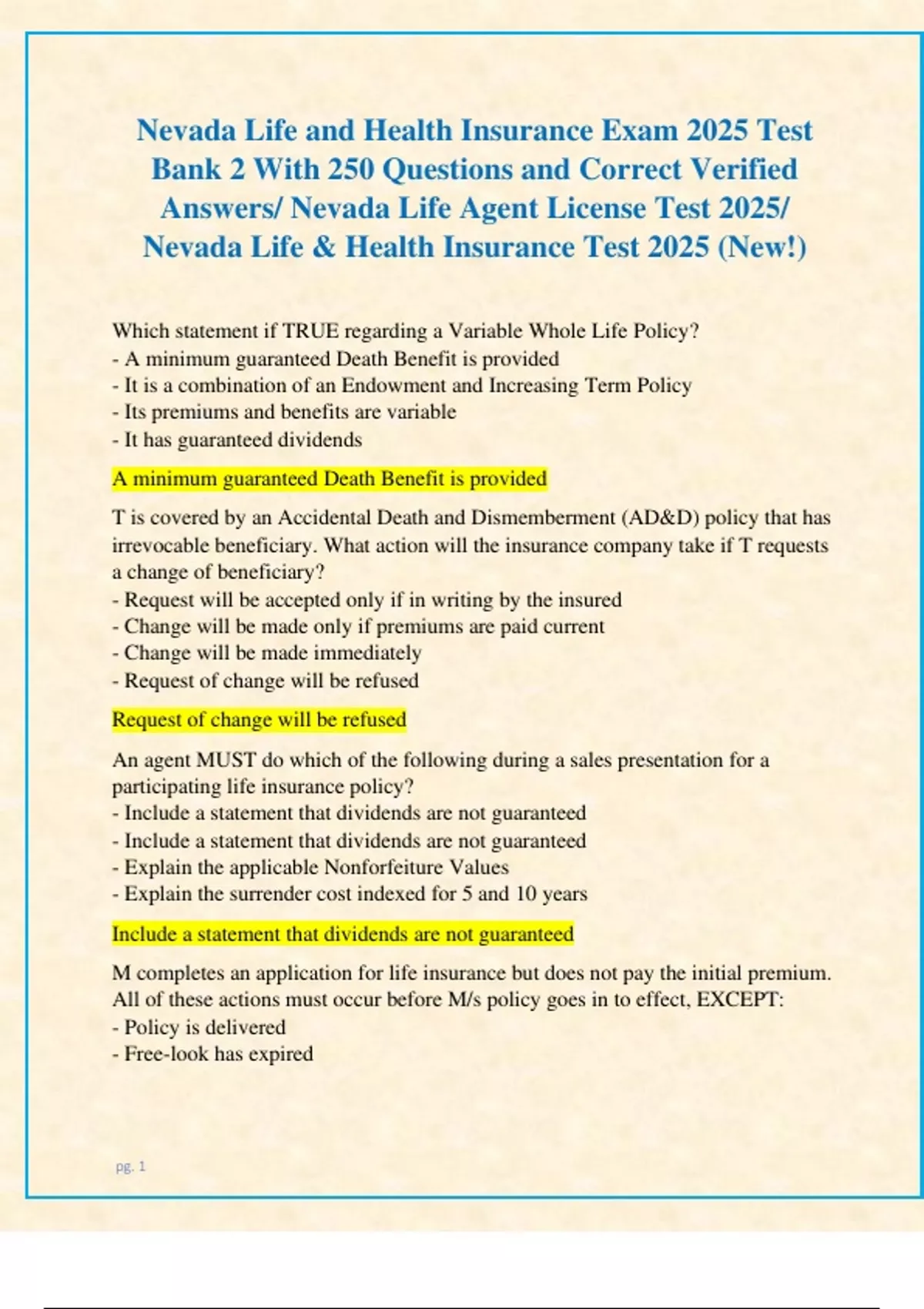 Nevada Life and Health Insurance Exam 2025 Test Bank 2 With 250 ...