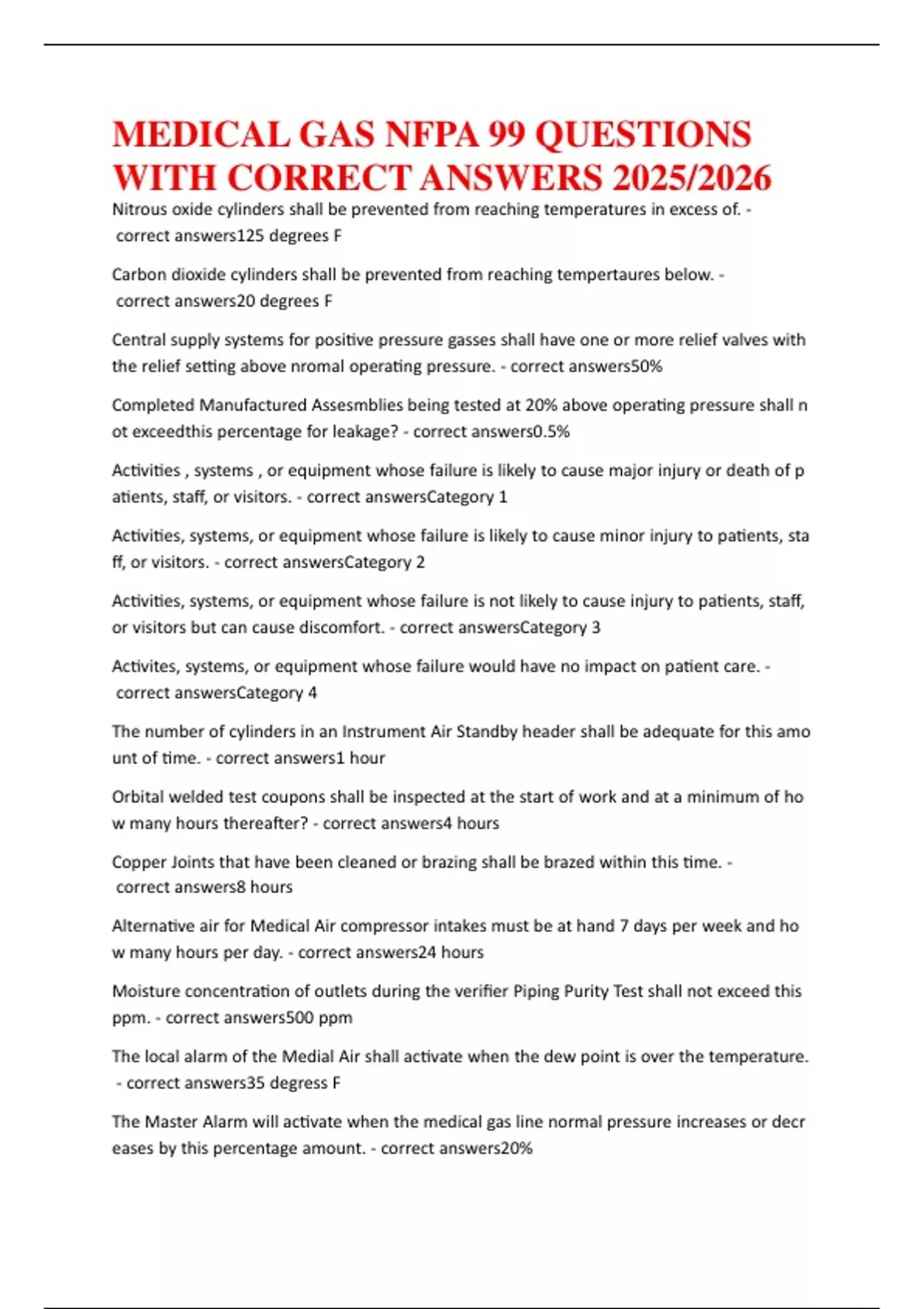 MEDICAL GAS NFPA 99 QUESTIONS WITH CORRECT ANSWERS 2025. - MEDICAL GAS ...