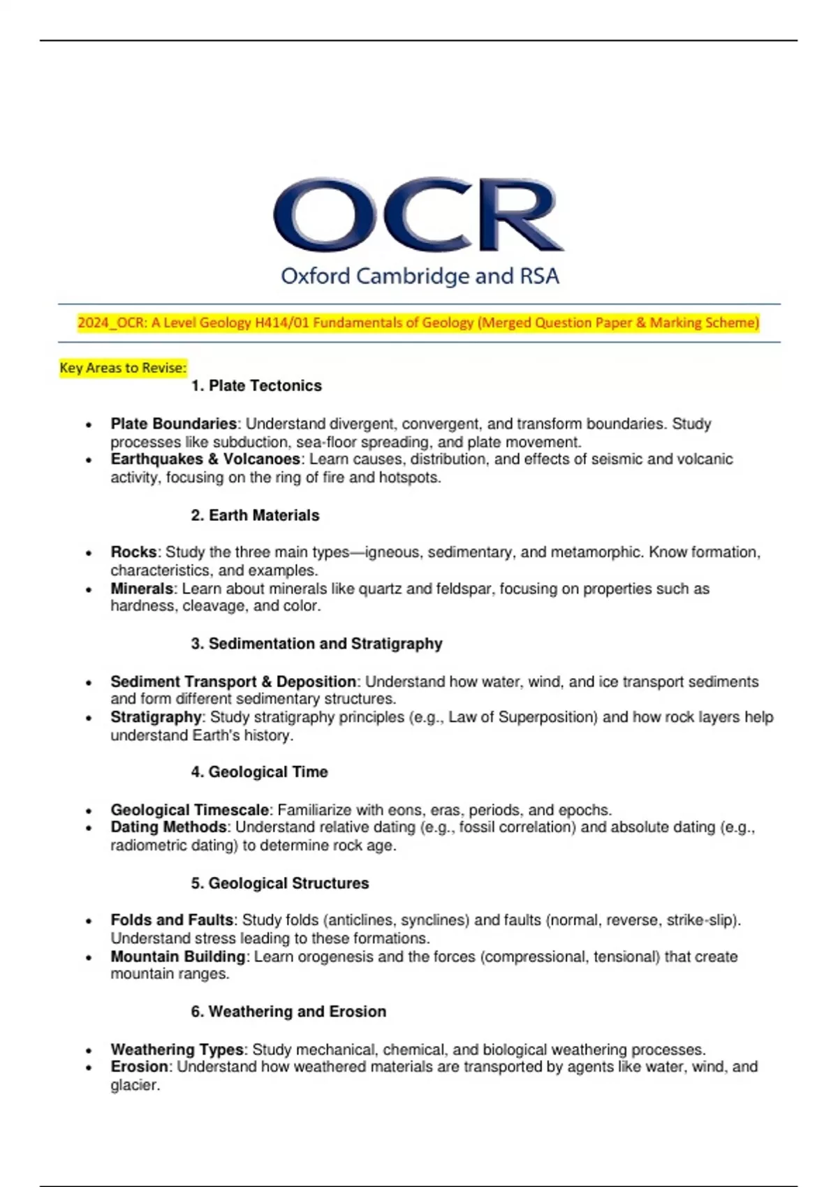 2024_OCR: A Level Geology H414/01 Fundamentals of Geology (Merged ...