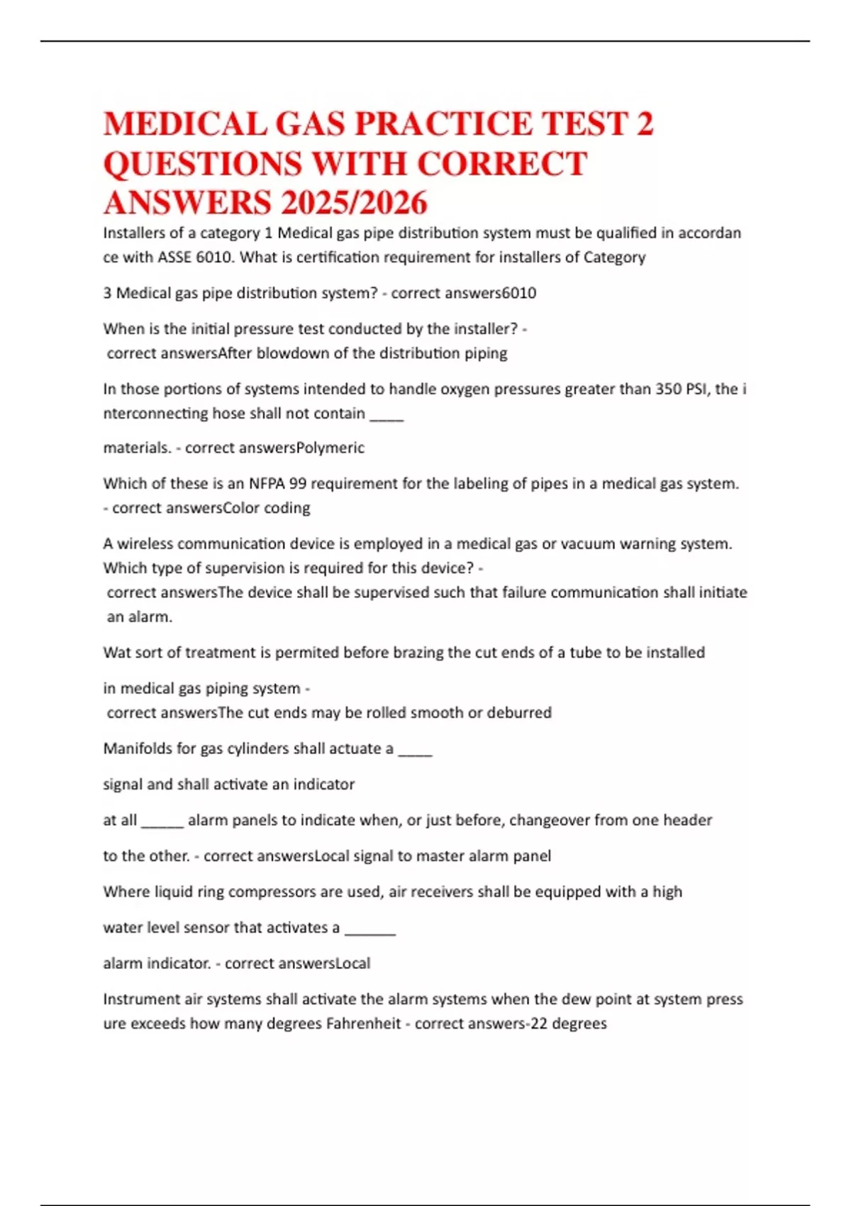 MEDICAL GAS PRACTICE TEST 2 QUESTIONS WITH CORRECT ANSWERS 2025 ...