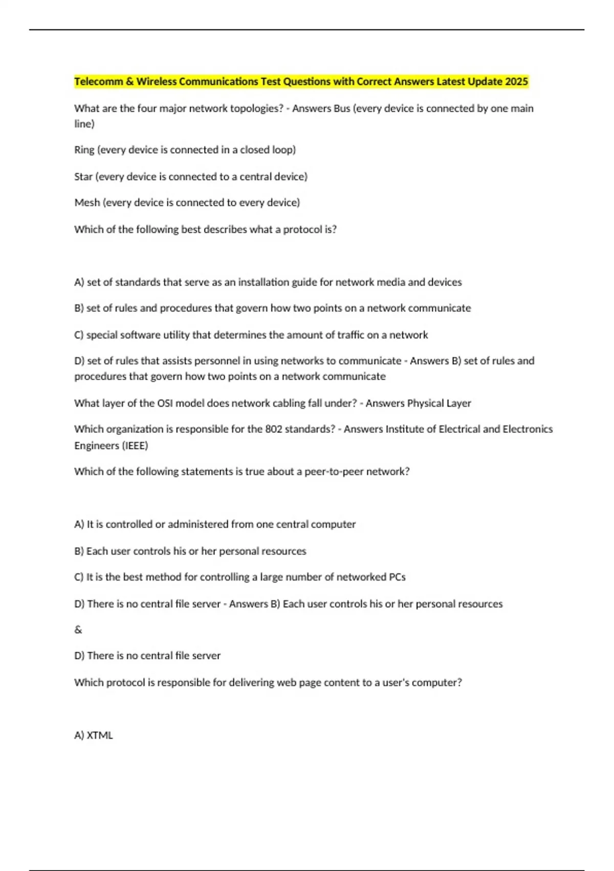 Telecomm & Wireless Communications Test Questions with Correct Answers ...