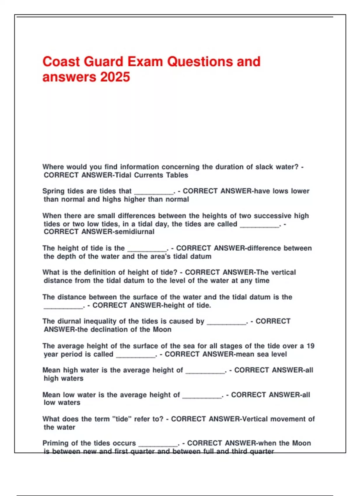 Coast Guard Exam Questions and answers 2025. - Coast Guard - Stuvia US