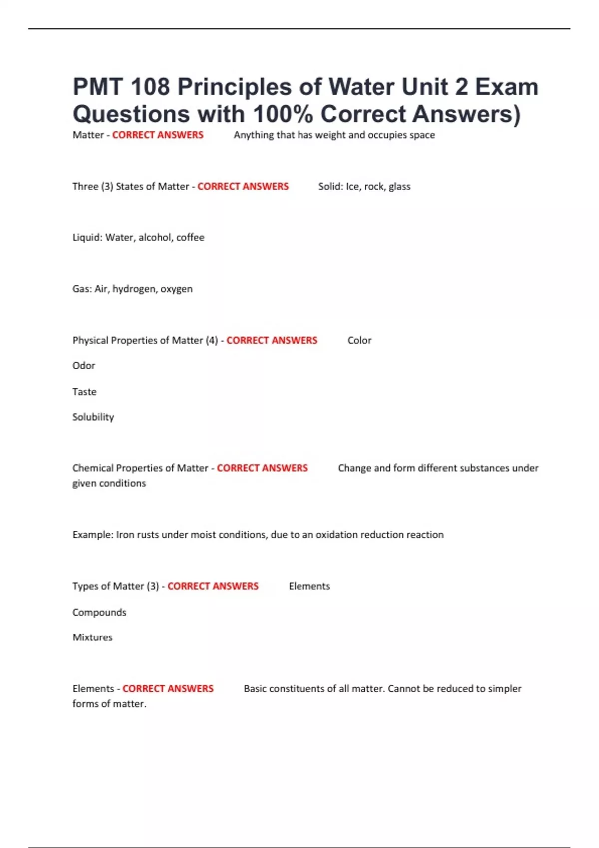 Summary PMT 108 Principles of Water Unit 2 Exam Questions with 100% ...