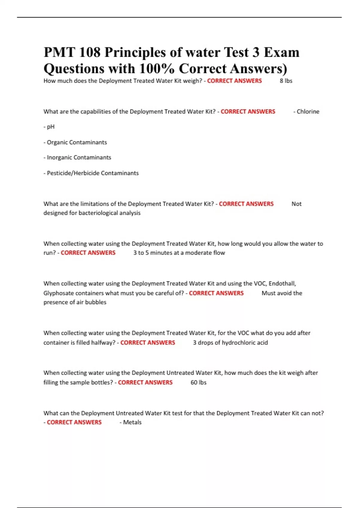 PMT 108 Principles of water Test 3 Exam Questions with 100% Correct ...