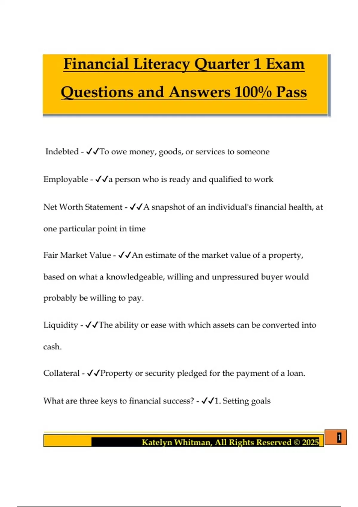 Financial Literacy Quarter 1 Exam Questions and Answers 100% Pass ...