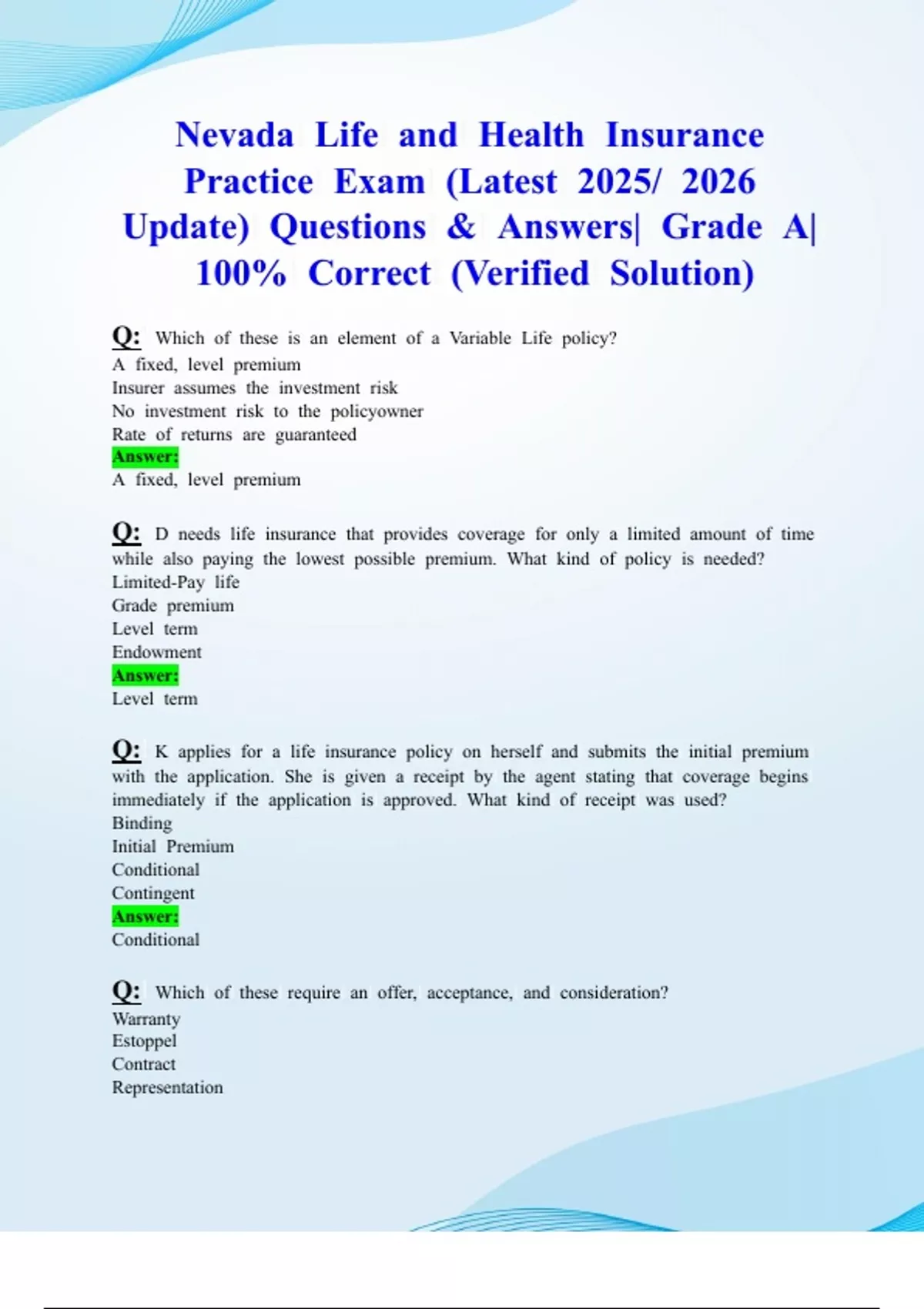 Nevada Life and Health Insurance Practice Exam (Latest 2025/ 2026 ...