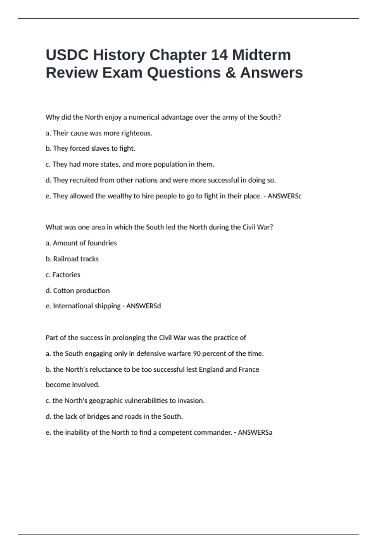 USDC History Chapter 14 Midterm Review Exam Questions & Answers - USDC ...