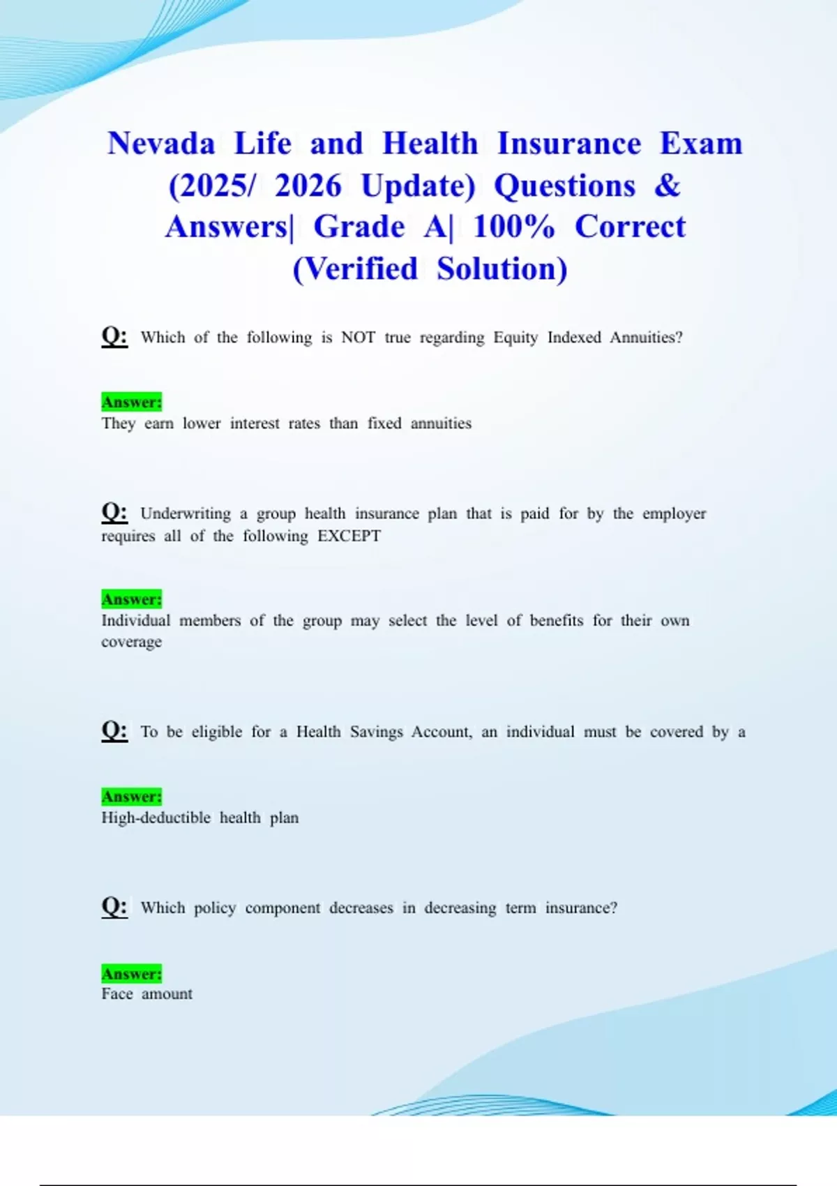 Nevada Life and Health Insurance Exam (2025/ 2026 Update) Questions ...