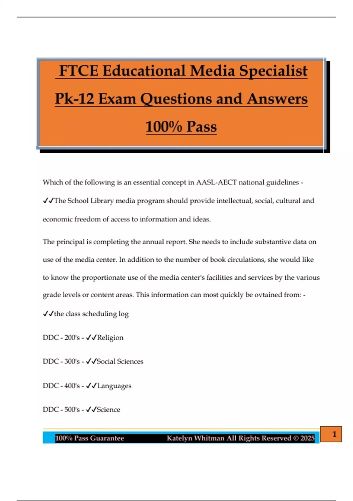 FTCE Educational Media Specialist Pk-12 Exam Questions and Answers 100% ...