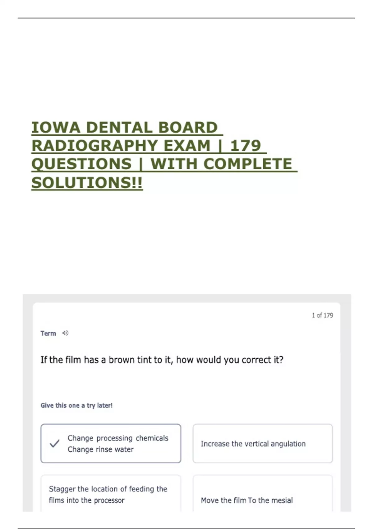 IOWA DENTAL BOARD RADIOGRAPHY EXAM | 179 QUESTIONS | WITH COMPLETE ...