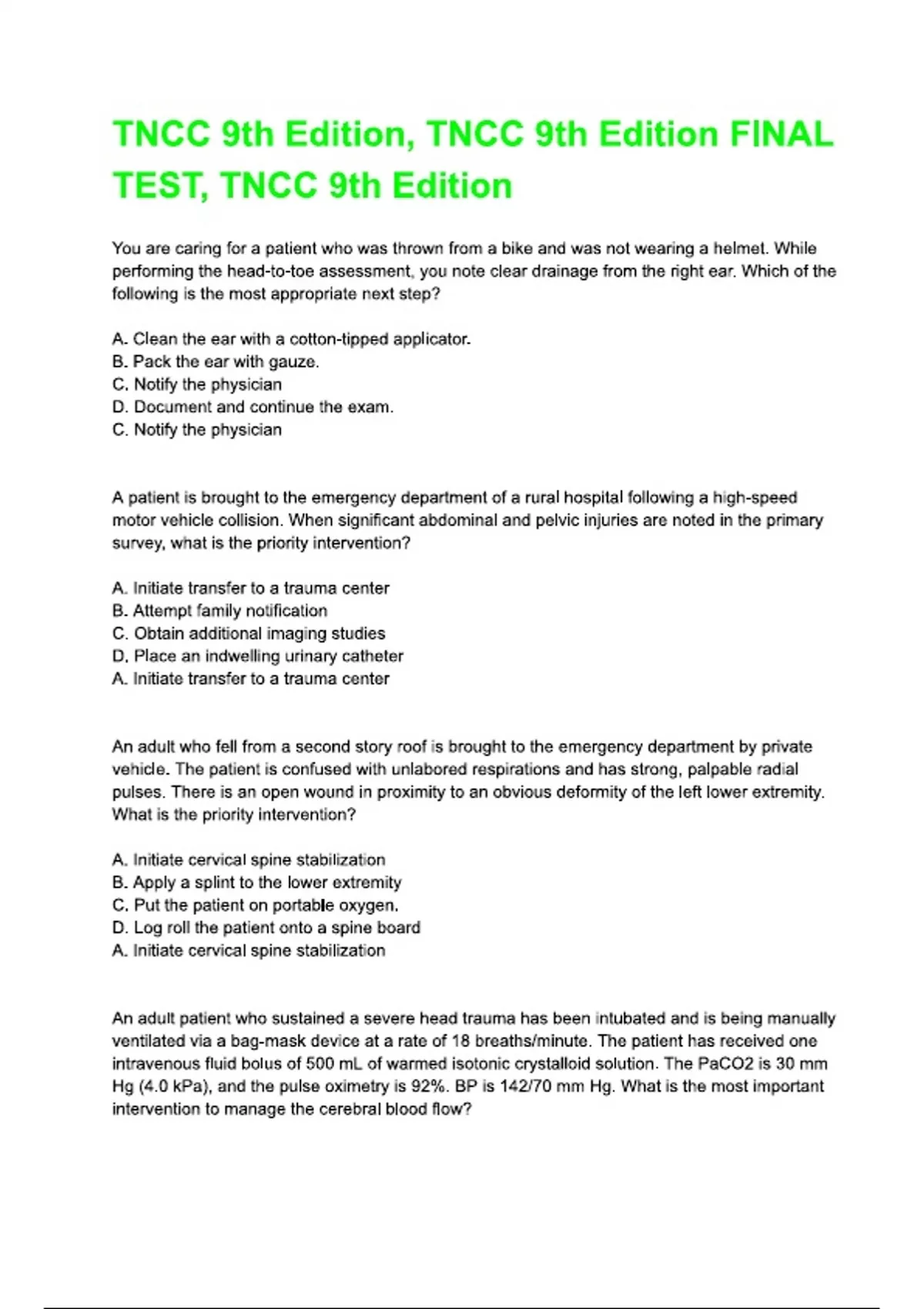 TNCC 9th Edition, TNCC 9th Edition FINAL TEST, TNCC 9th Edition Exam ...