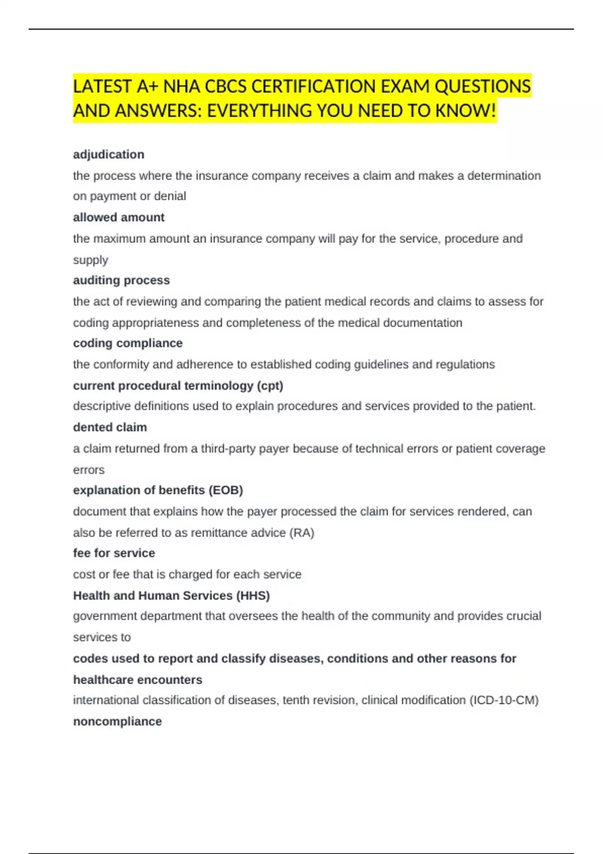 LATEST A+ NHA CBCS CERTIFICATION EXAM QUESTIONS AND ANSWERS: EVERYTHING ...