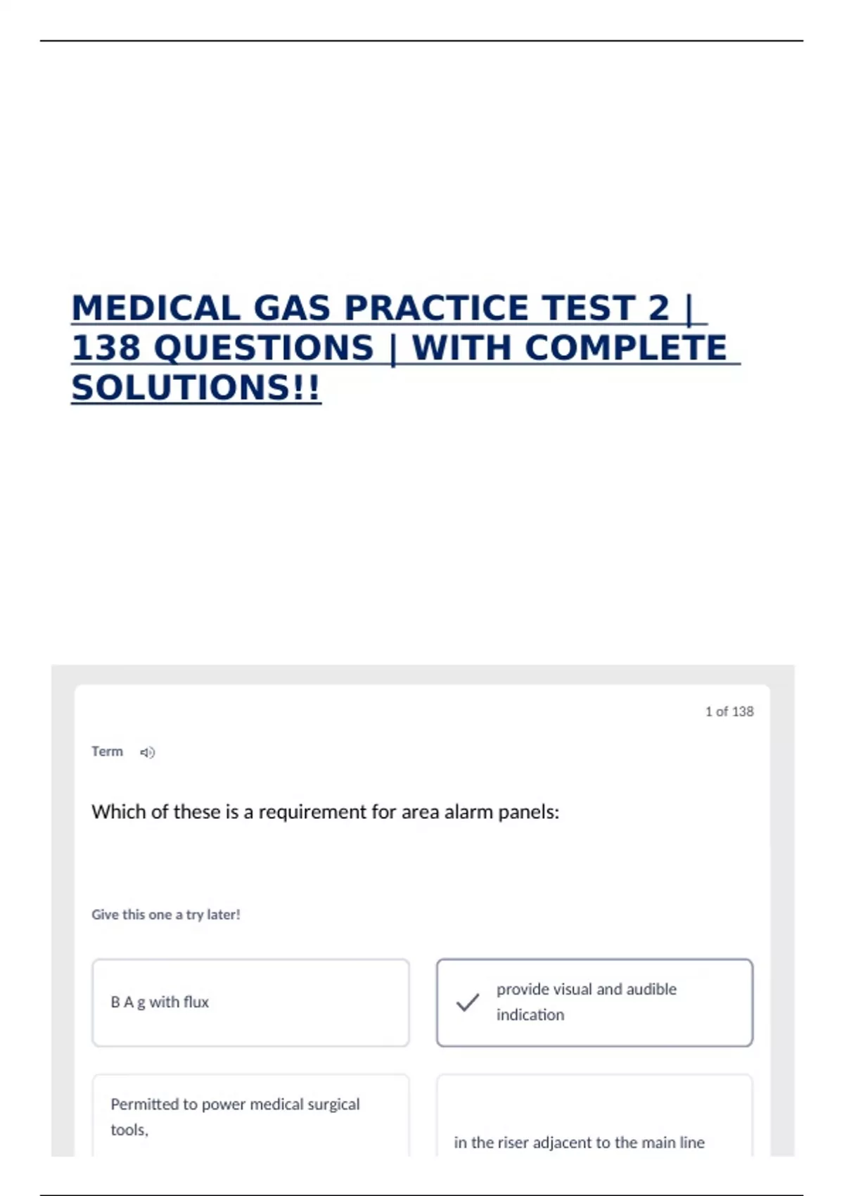 MEDICAL GAS PRACTICE TEST 2 | 138 QUESTIONS | WITH COMPLETE SOLUTIONS ...