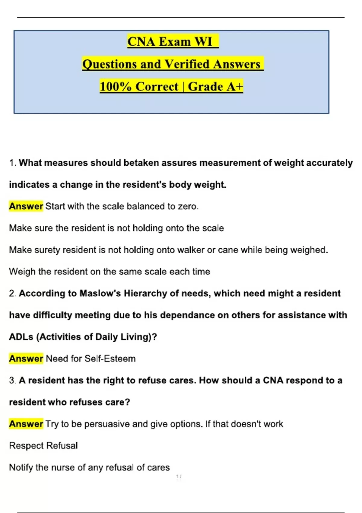 CNA Exam WI (Latest 2025 / 2026 Update) Questions and Verified Answers ...