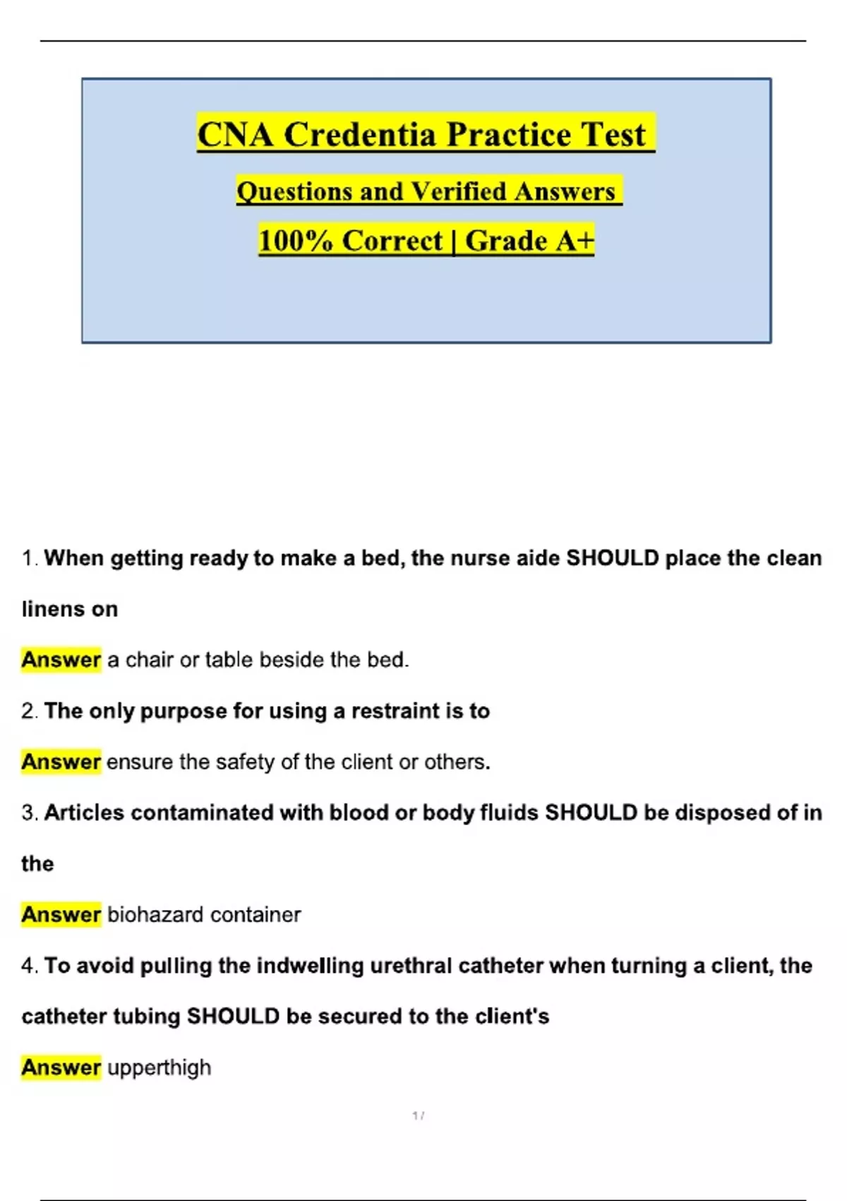 CNA Credentia Practice Test (Latest 2025 / 2026 Update) Questions and ...