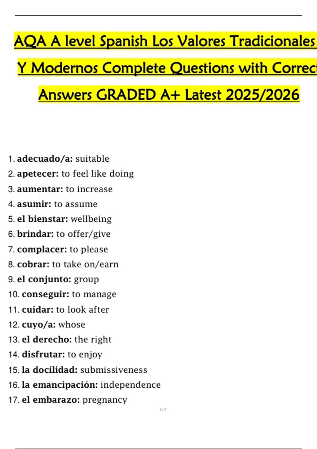 AQA A level Spanish Los Valores Tradicionales Y Modernos Complete ...
