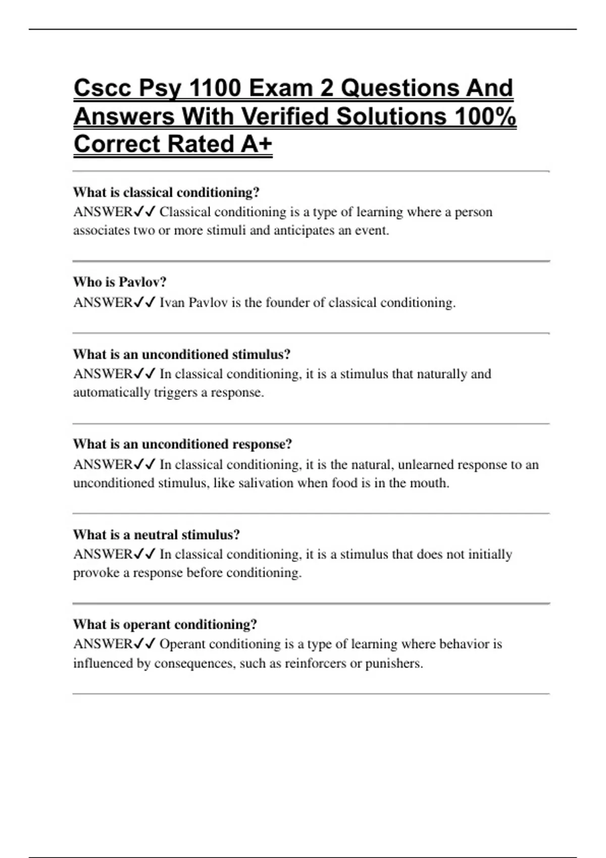 Cscc Psy 1100 Exam 2 Questions And Answers With Verified Solutions 100% Correct Rated A+ - Cscc ...