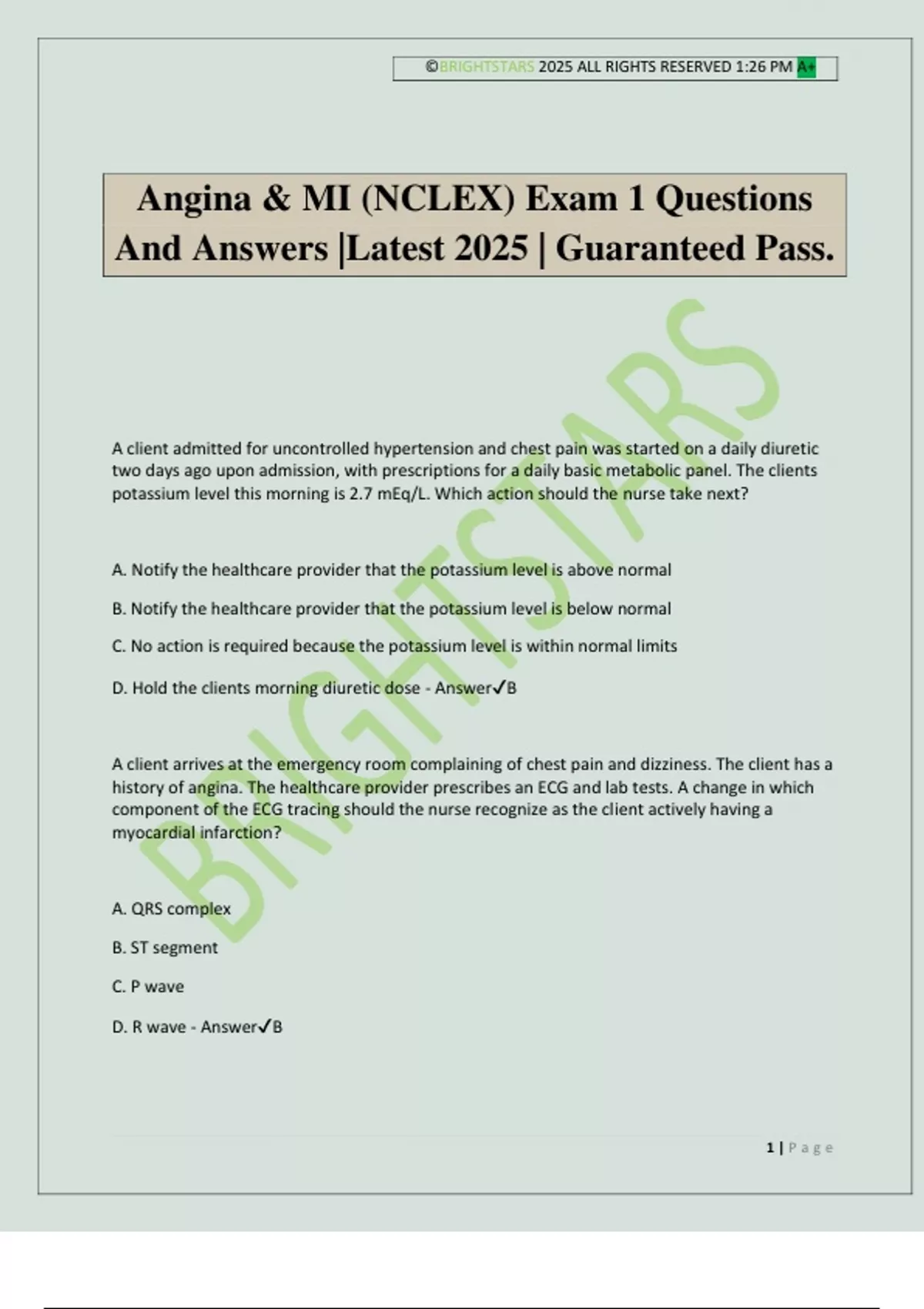 Angina & MI (NCLEX) Exam 1 Questions And Answers |Latest 2025 ...