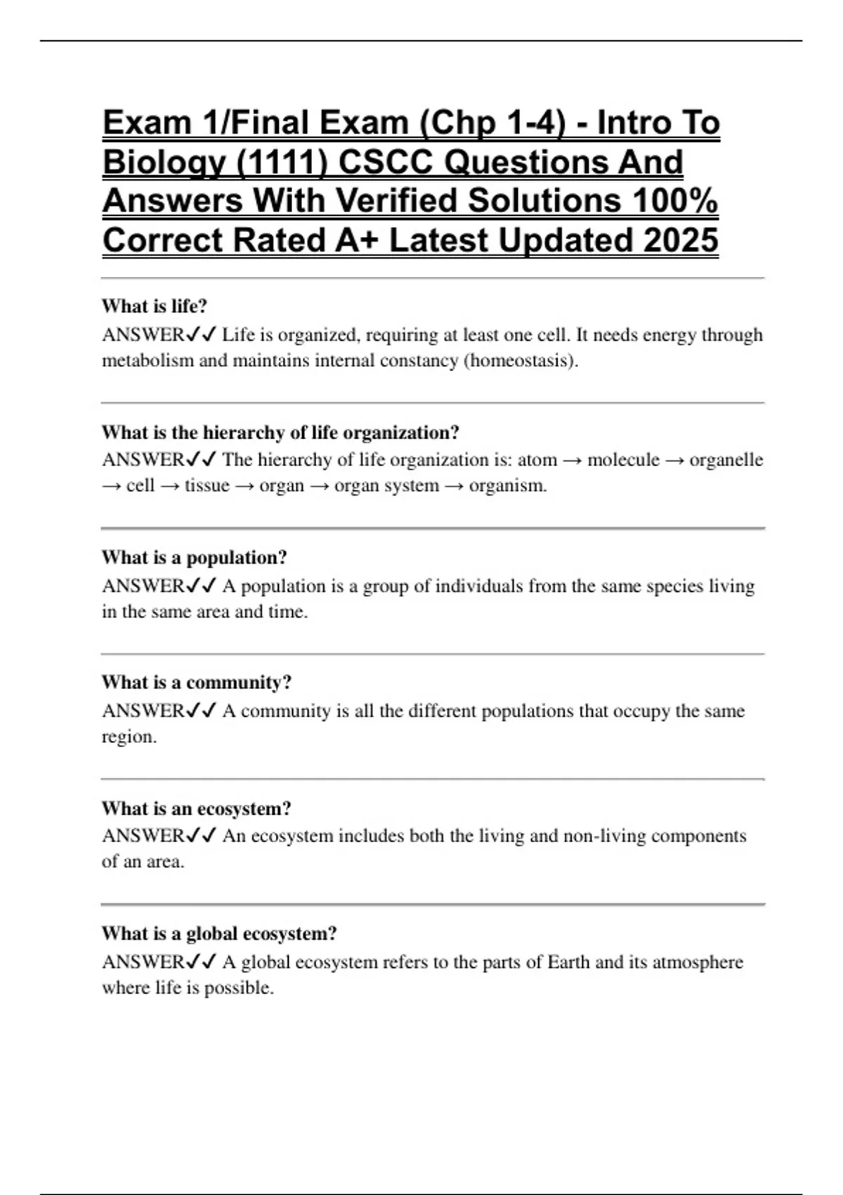 Exam 1/Final Exam (Chp 1-4) - Intro To Biology (1111) CSCC Questions And Answers With Verified ...